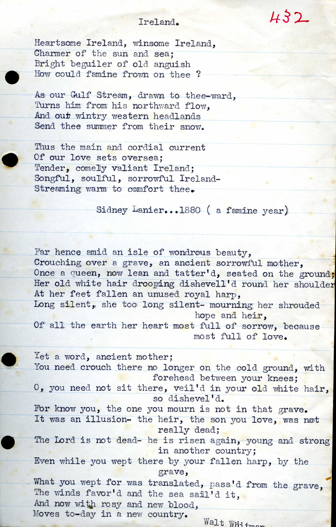 Transcription of a poem on the famine by Sidney Lanier dated 1880 and ...