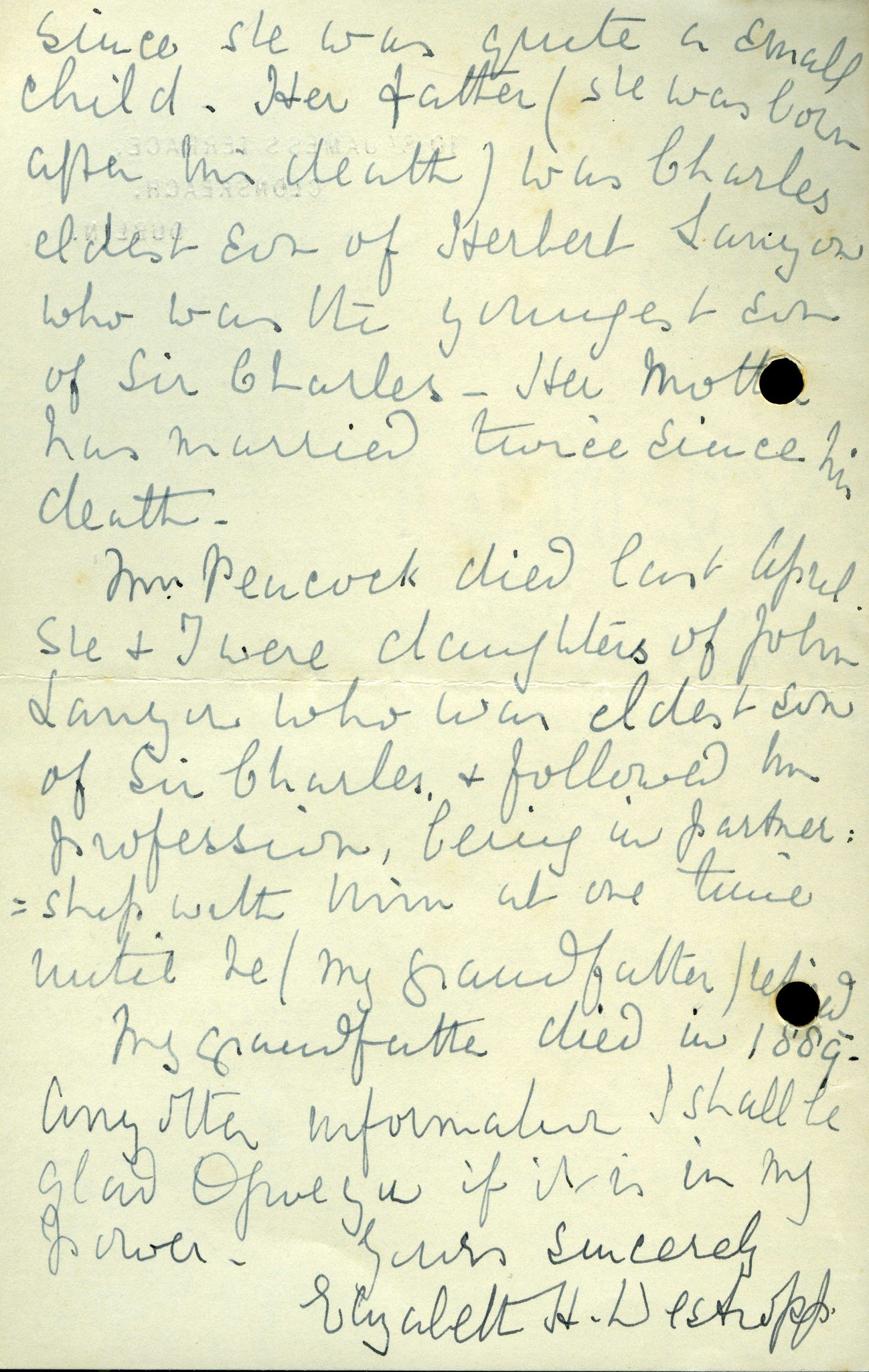 Letter from Elizabeth H. Westropp enclosing her grandfather’s family ...