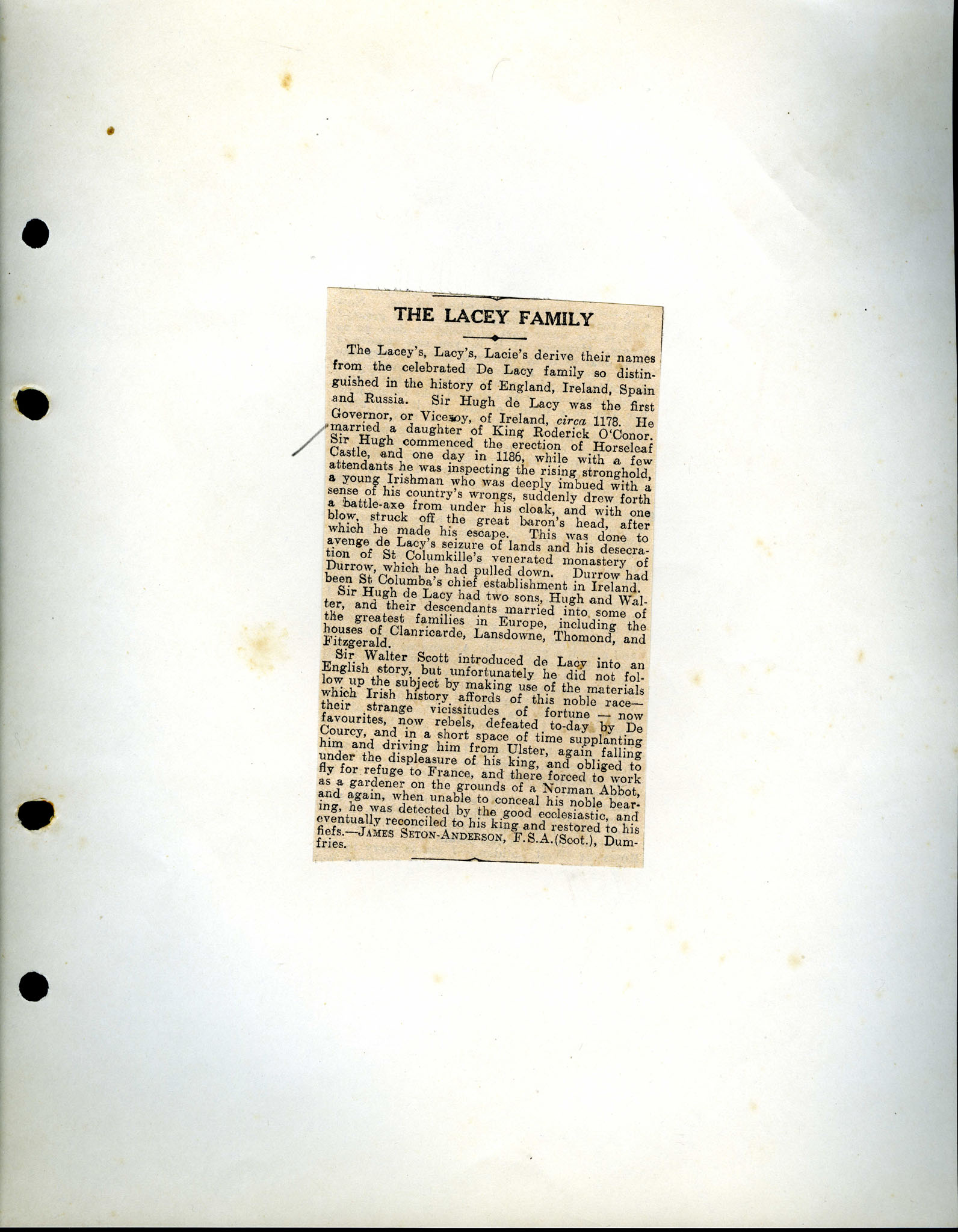 Newspaper cutting on the history of the Lacey family mentioning Sir ...
