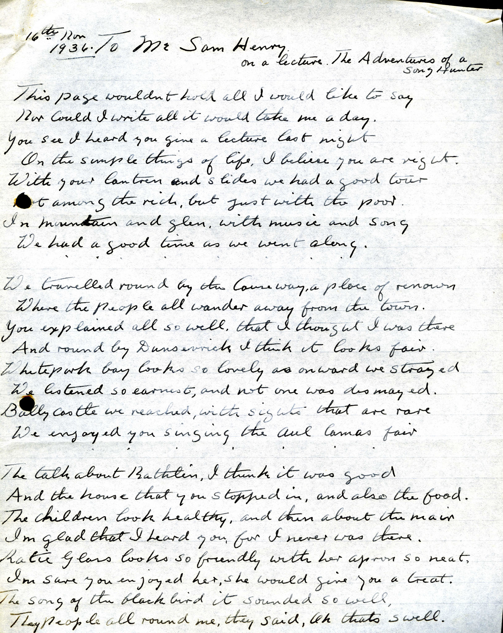 First page of a poem sent to Sam by James Hutchinson of Ballymacrea. It ...