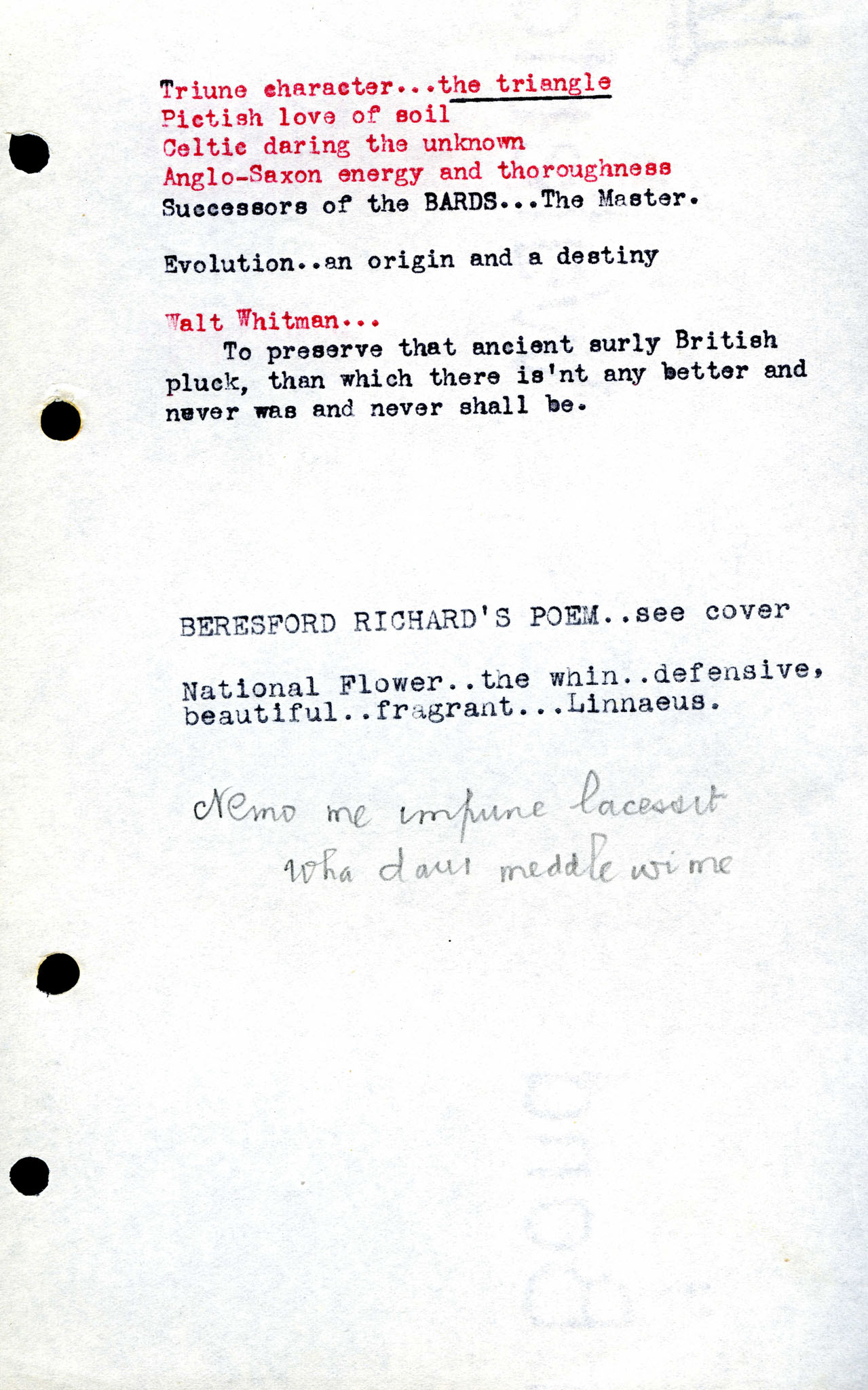 Notes mentioning the triune character of Ulster presumably. Sam refers ...