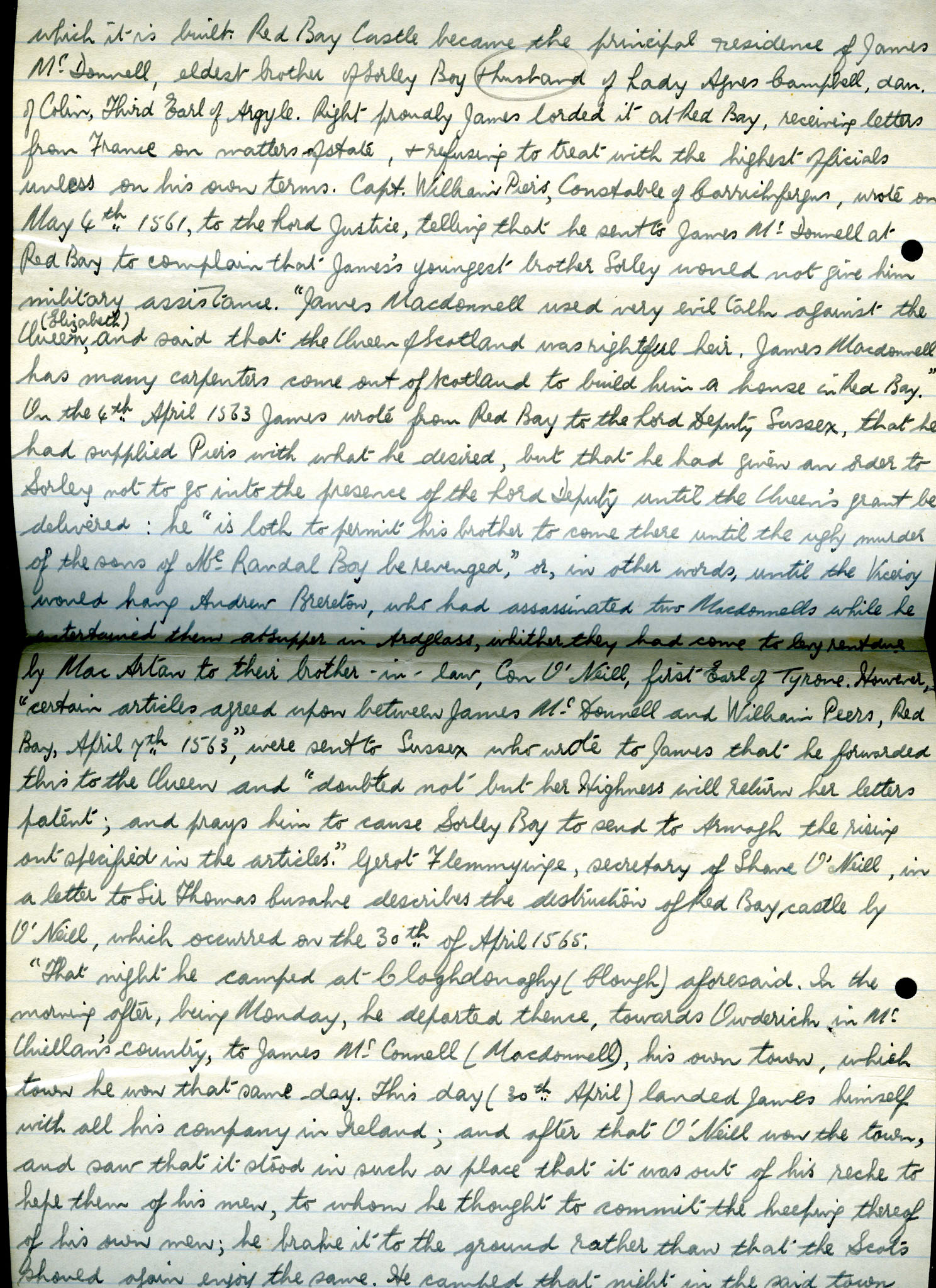 Page one of “Red Bay Castle” sent to Sam By H.A.B. gives the history of ...