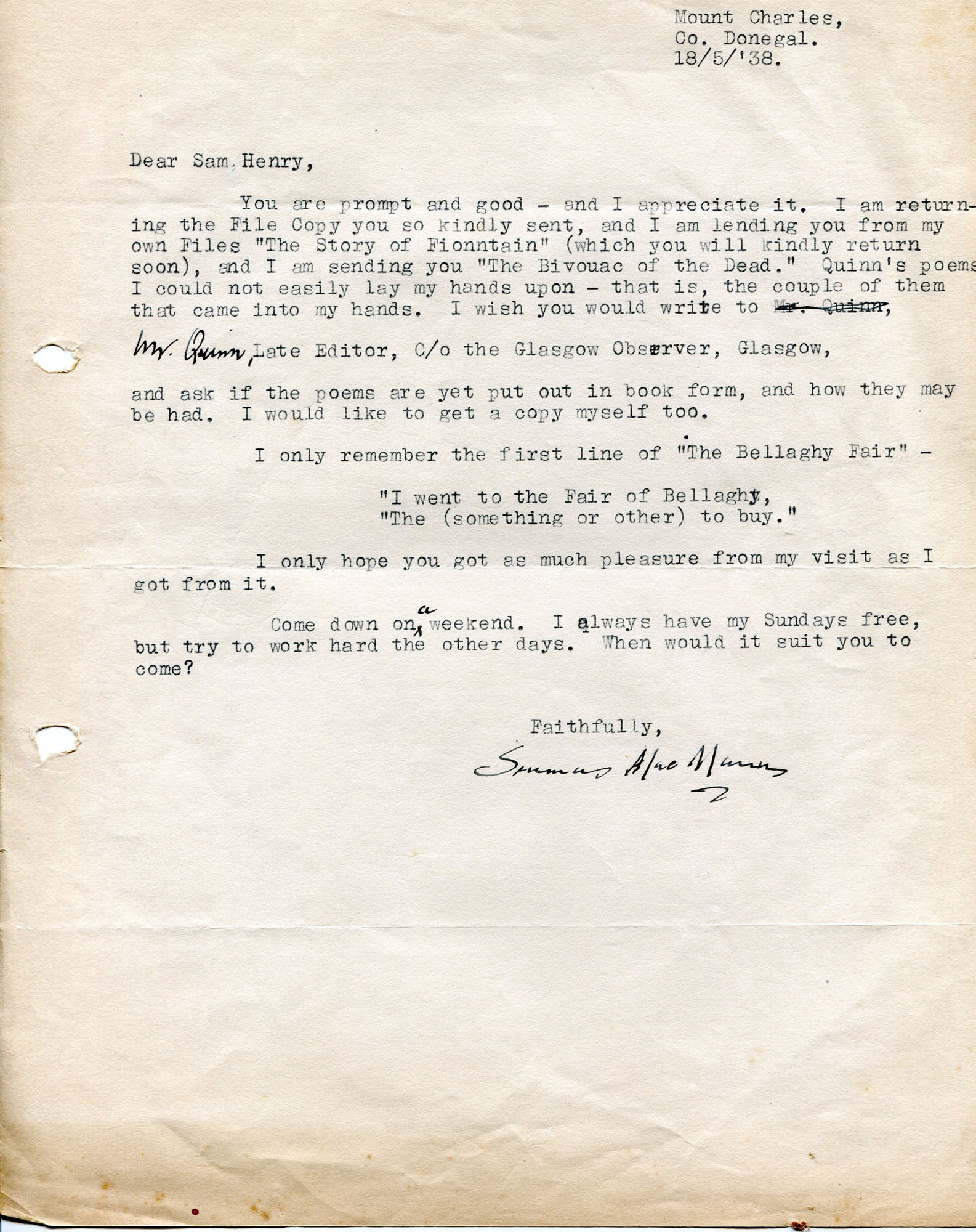 Typed letter thanking Sam for files sent and sending him copies of ...