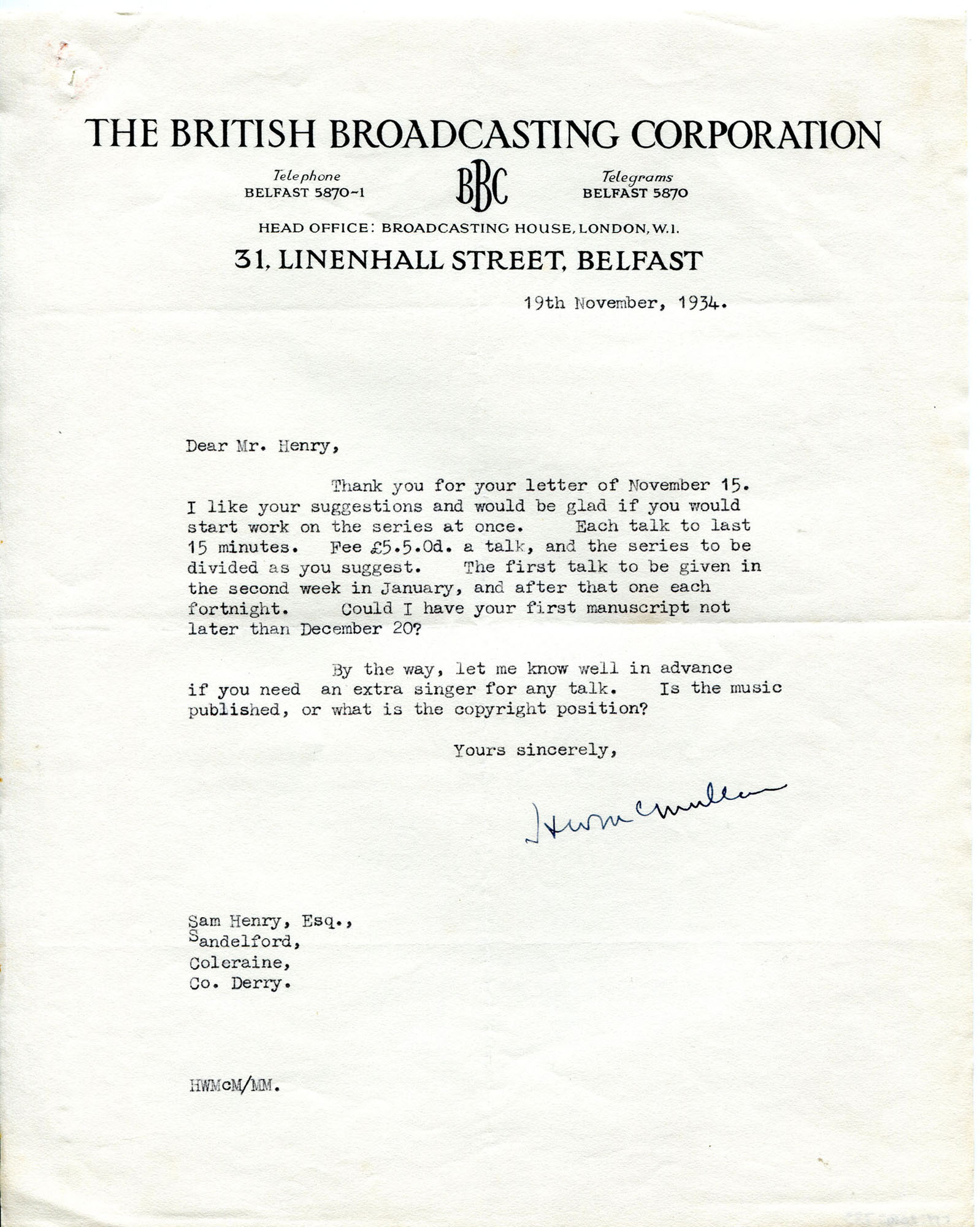 Typed letter on BBC headed notepaper. Confirms that Sam can begin work ...