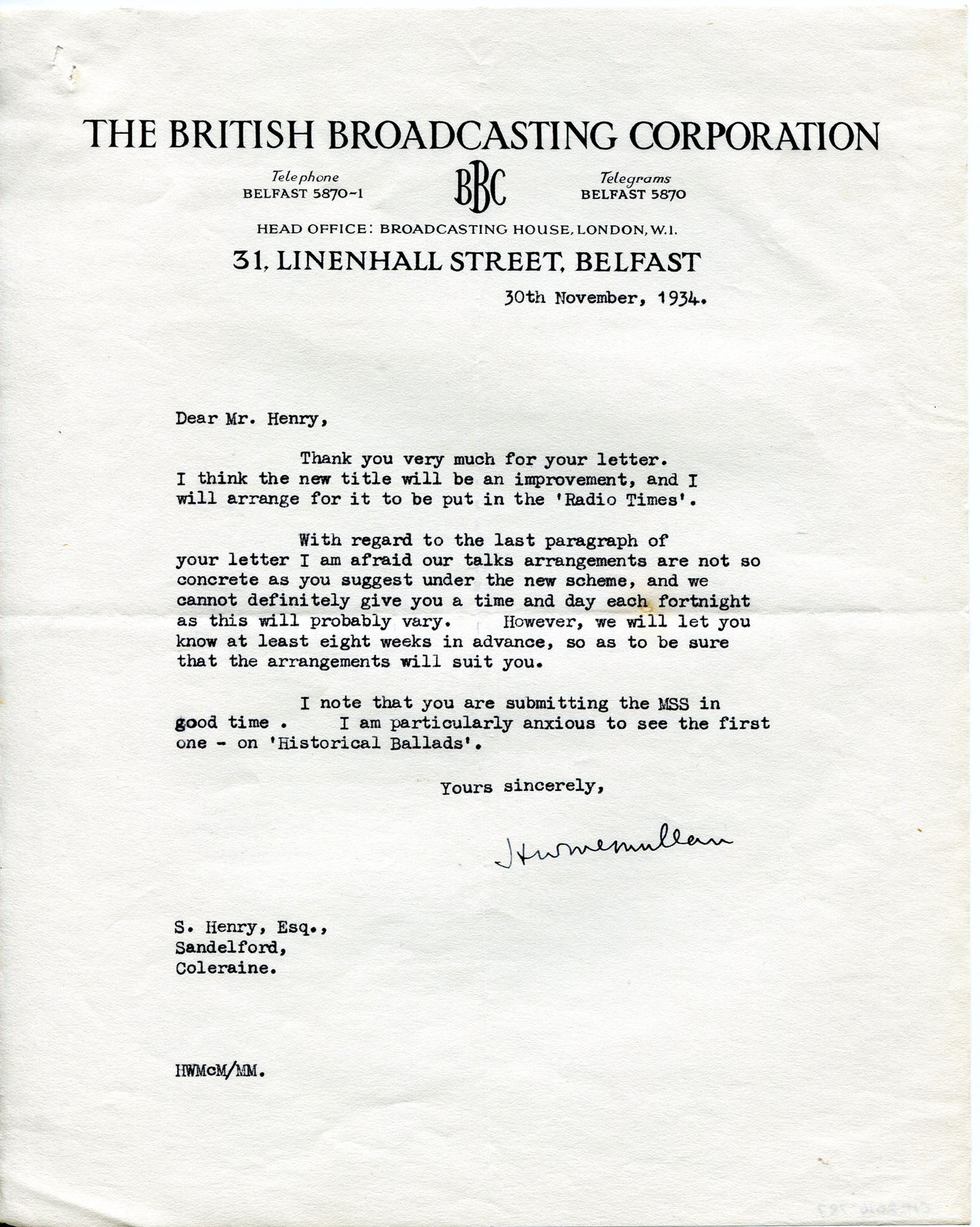 Typed letter on BBC headed notepaper.Agrees on new title (‘Ulster’s ...