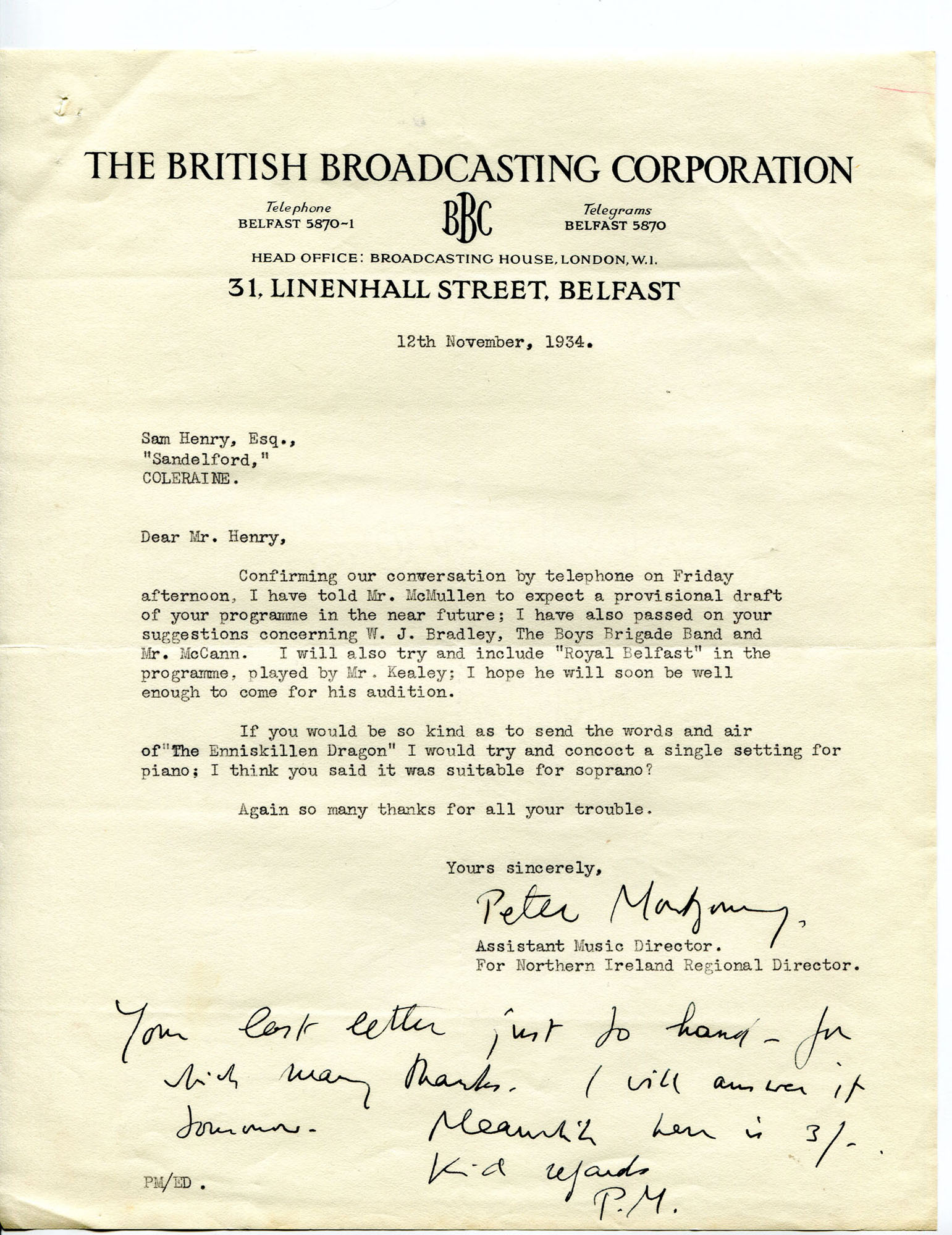 Typed letter from BBC, with added handwritten postscript, re ...