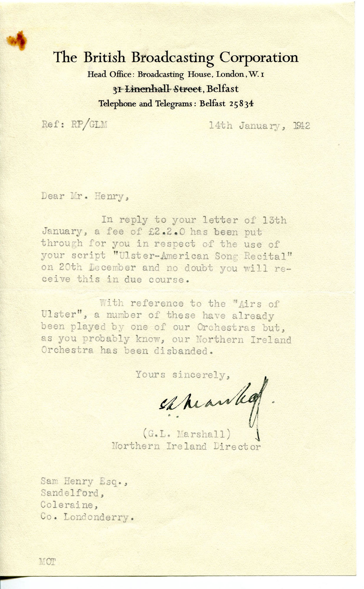 Typed letter on BBC headed notepaper. Fee going through for use of ...