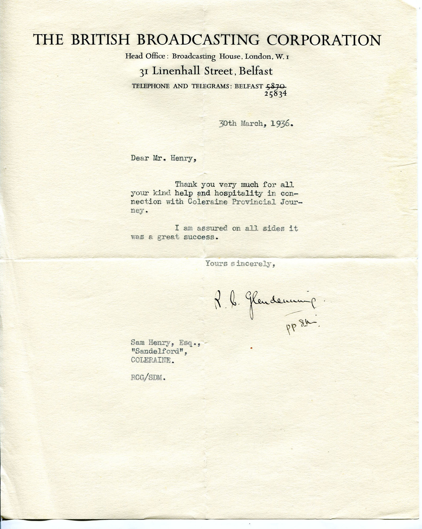 Typed letter on BBC headed notepaper relating to the ‘Provincial ...