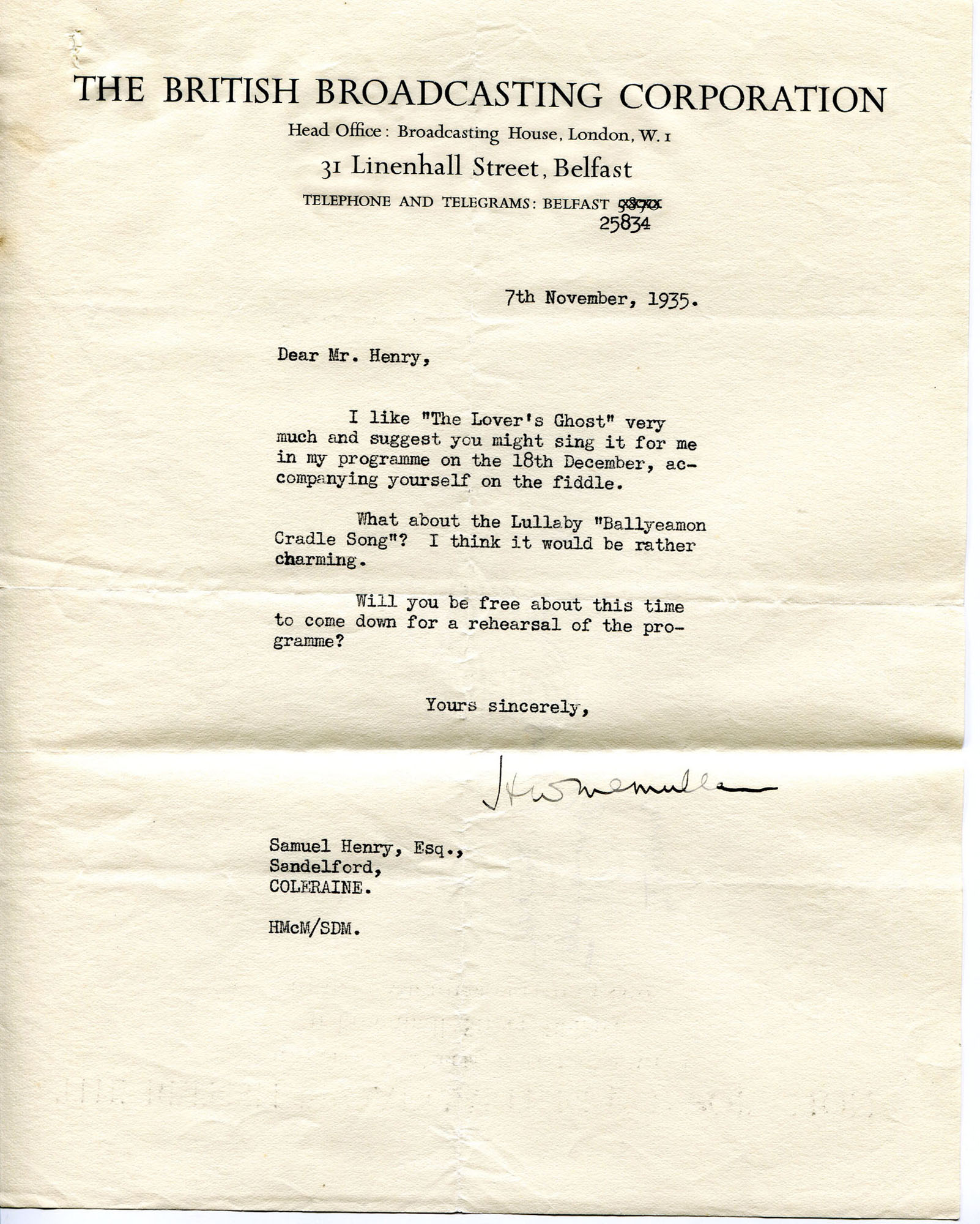Typed letter on BBC headed notepaper, relating to ‘Ulster Christmas ...