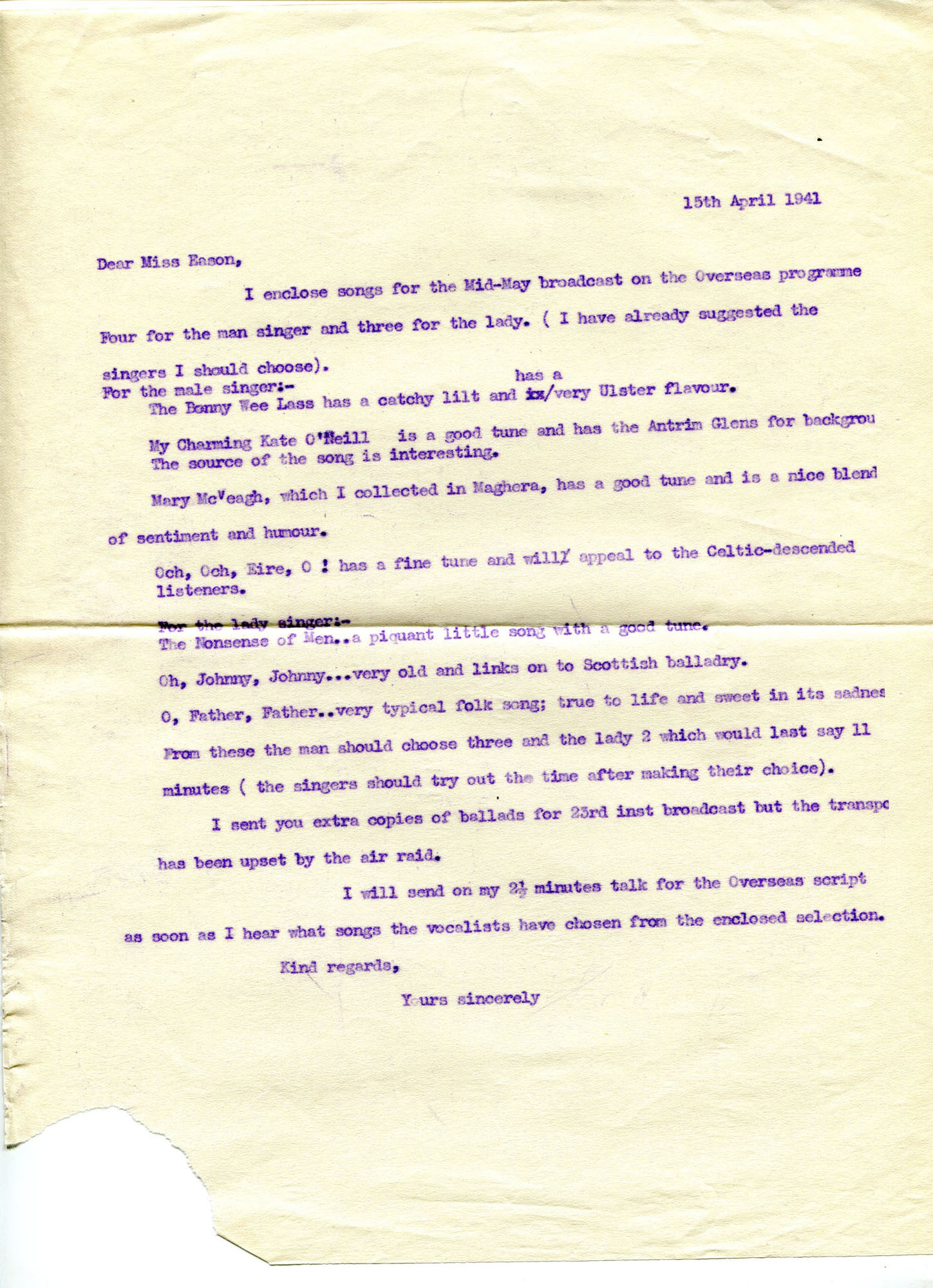 Typed letter with titles of songs for male and female singer on mid-May ...