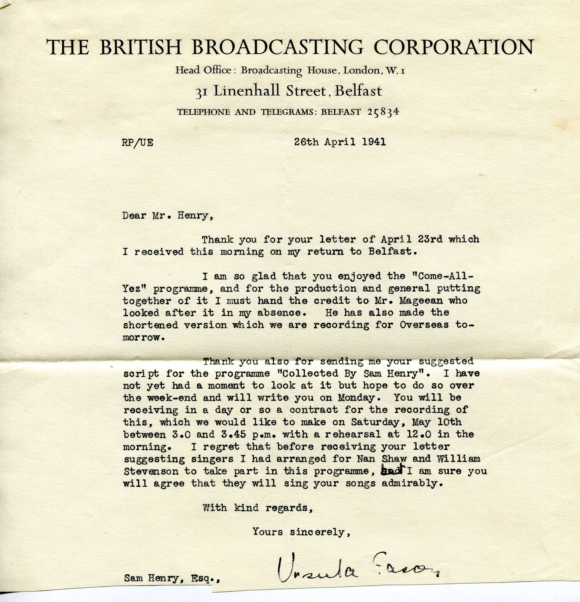 Typed letter on BBC headed notepaper. Refers to programme broadcast on ...