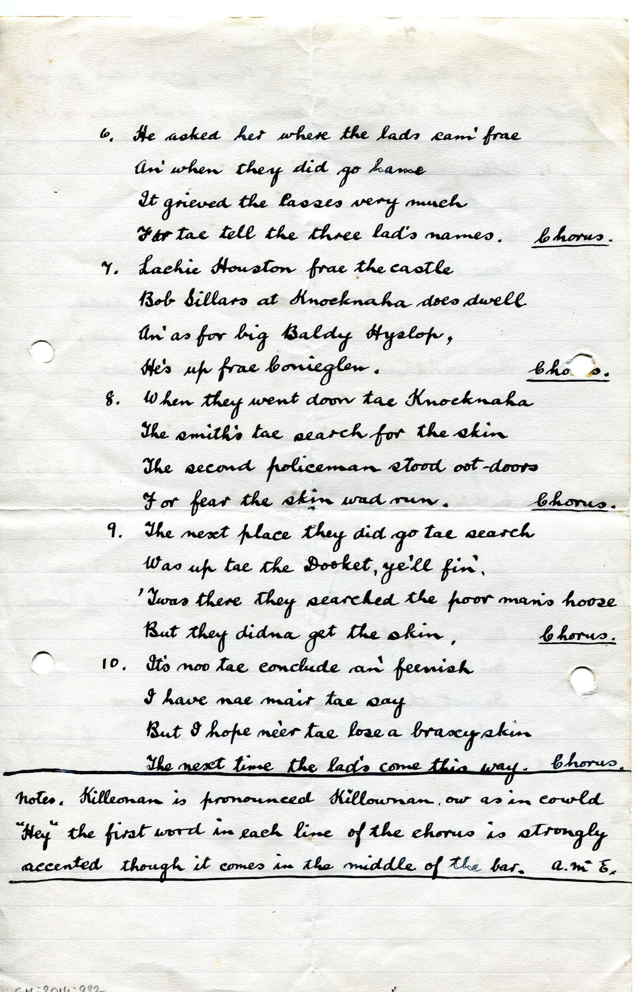 Handwritten words to ‘The Braxy Skin’ as known in Kintyre. Uses local ...