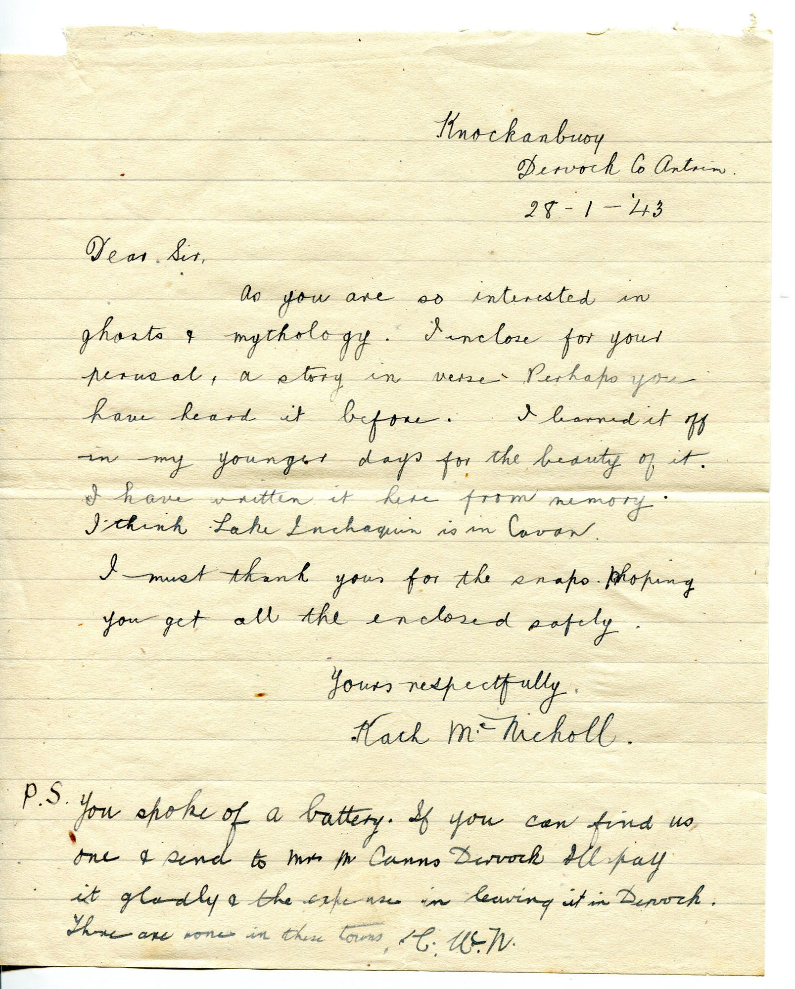 One of 7 pages of handwritten letter, with 12 verse folklore poem about ...