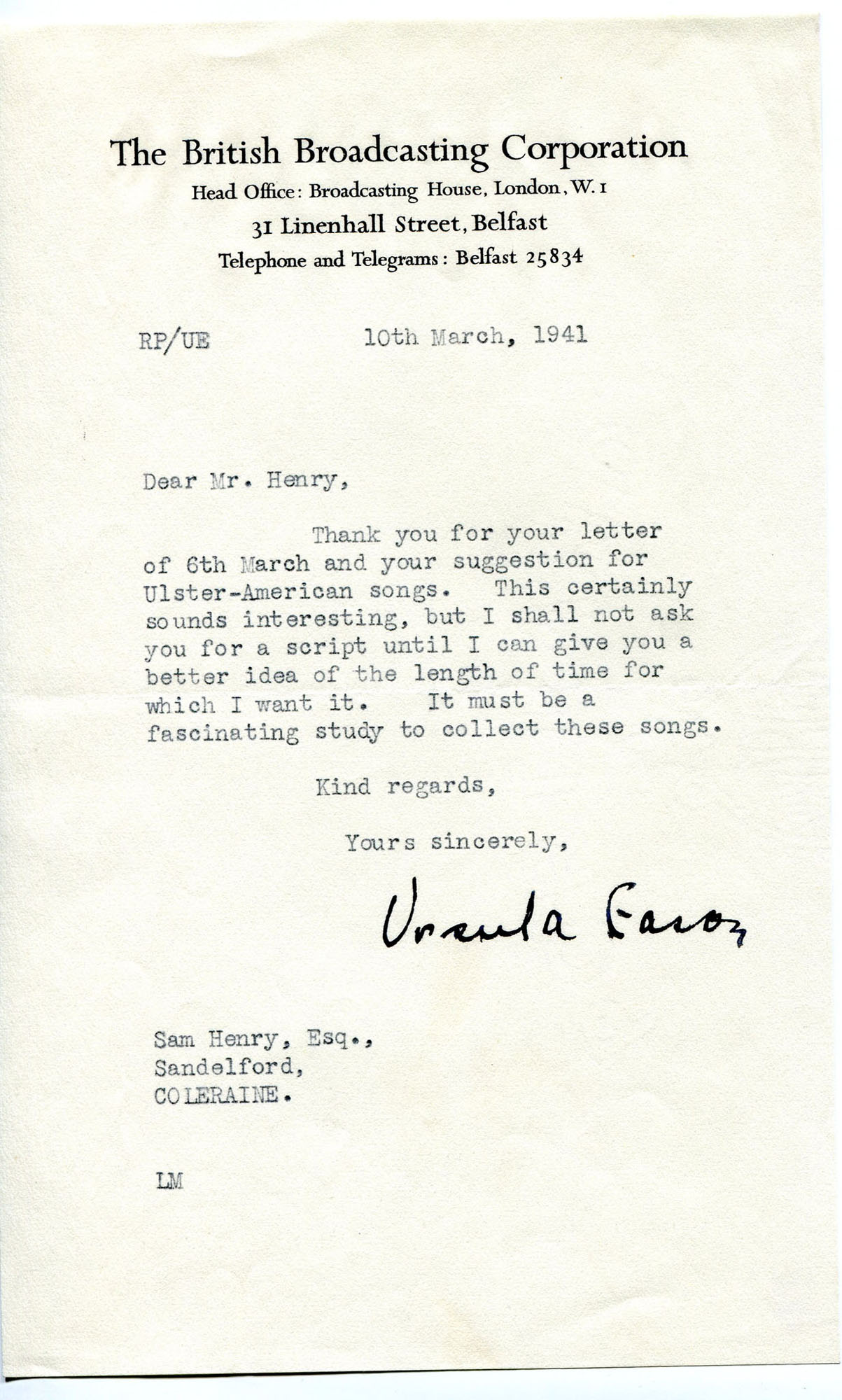 Typed letter on BBC headed notepaper, relating to idea of programme on ...