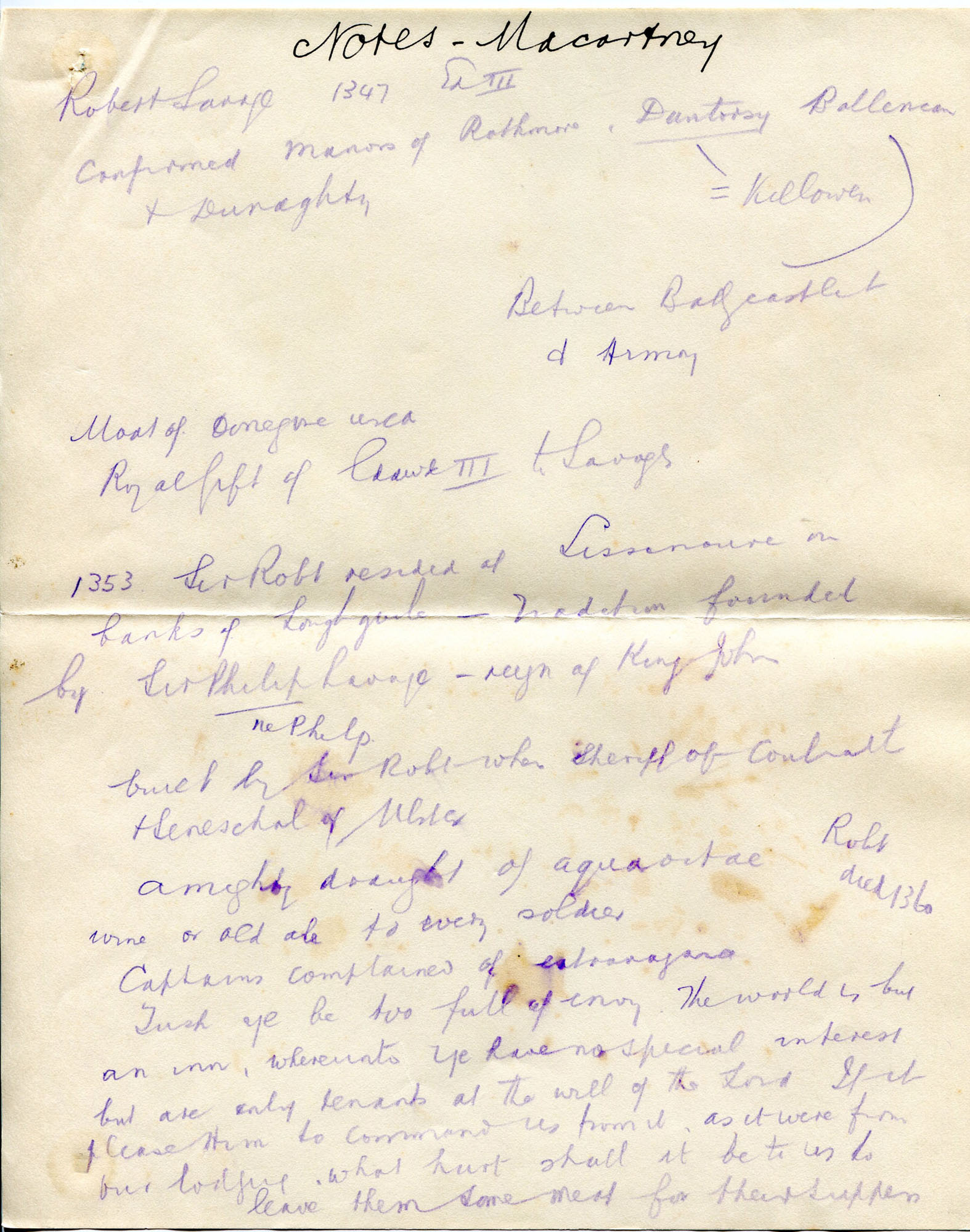 One of 3 pages of handwritten rough notes on the Savage family, from ...