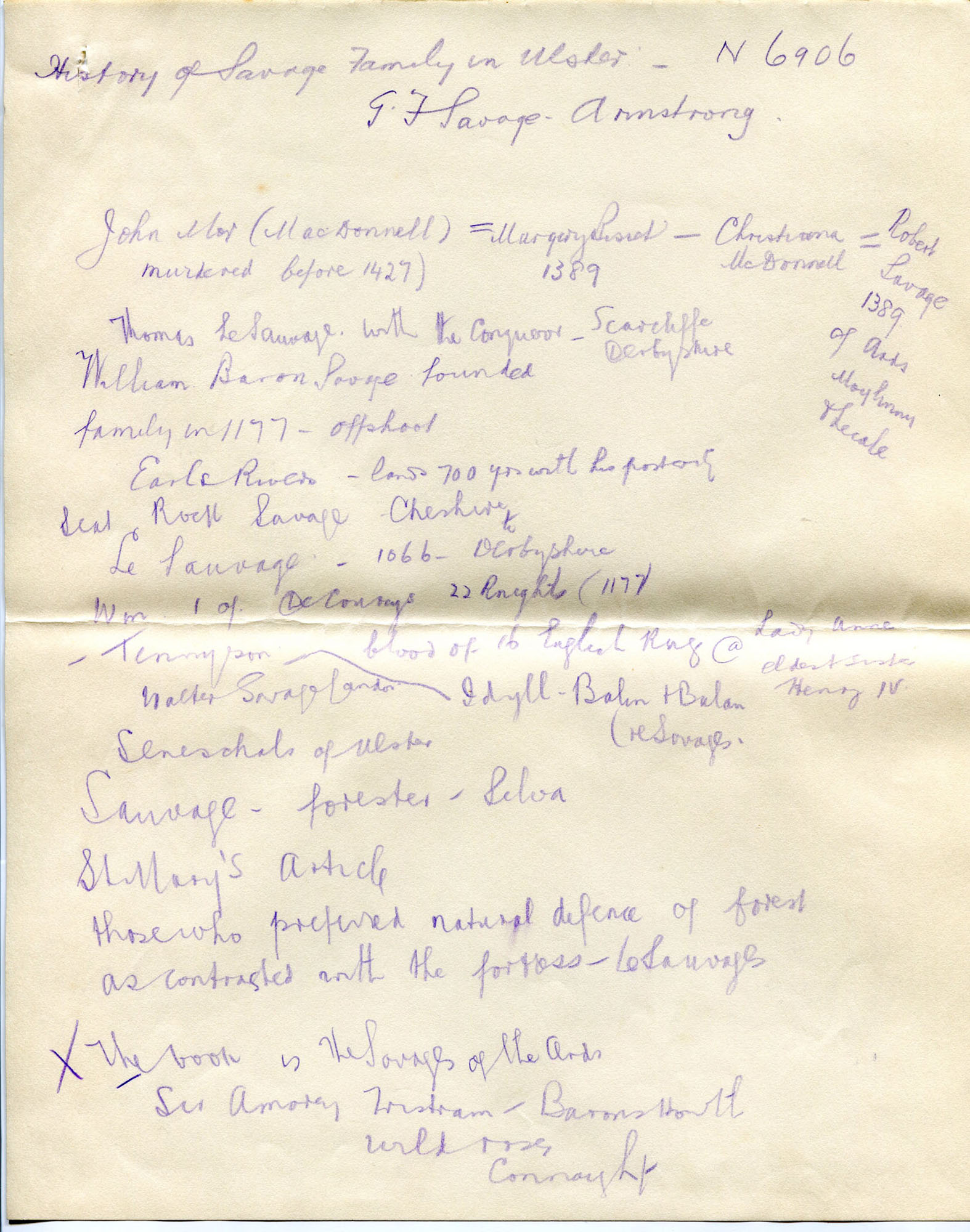 One of 3 pages of handwritten rough notes on the Savage family 11th ...