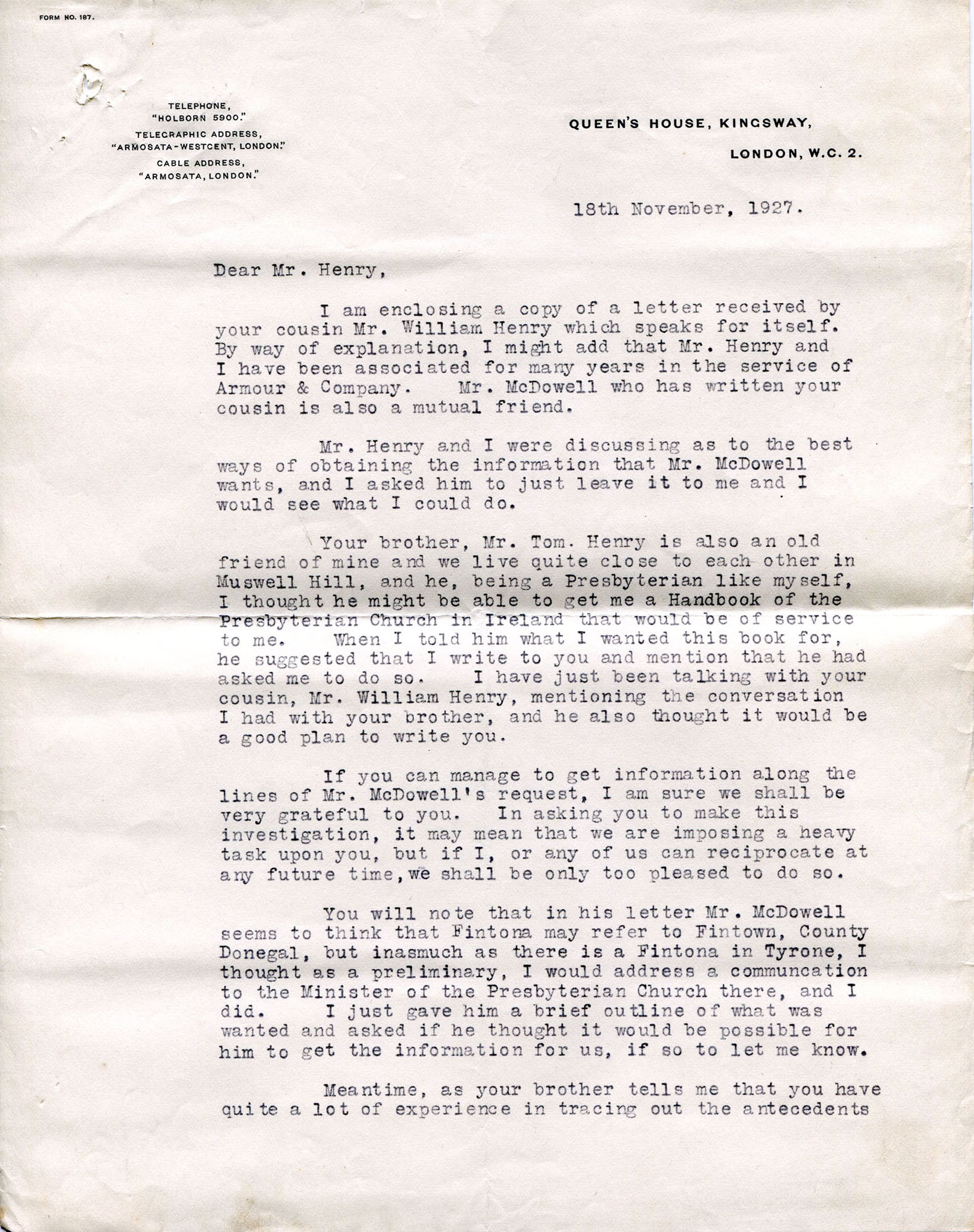 One of 2 pages of a typed letter on headed notepaper. Introductory ...