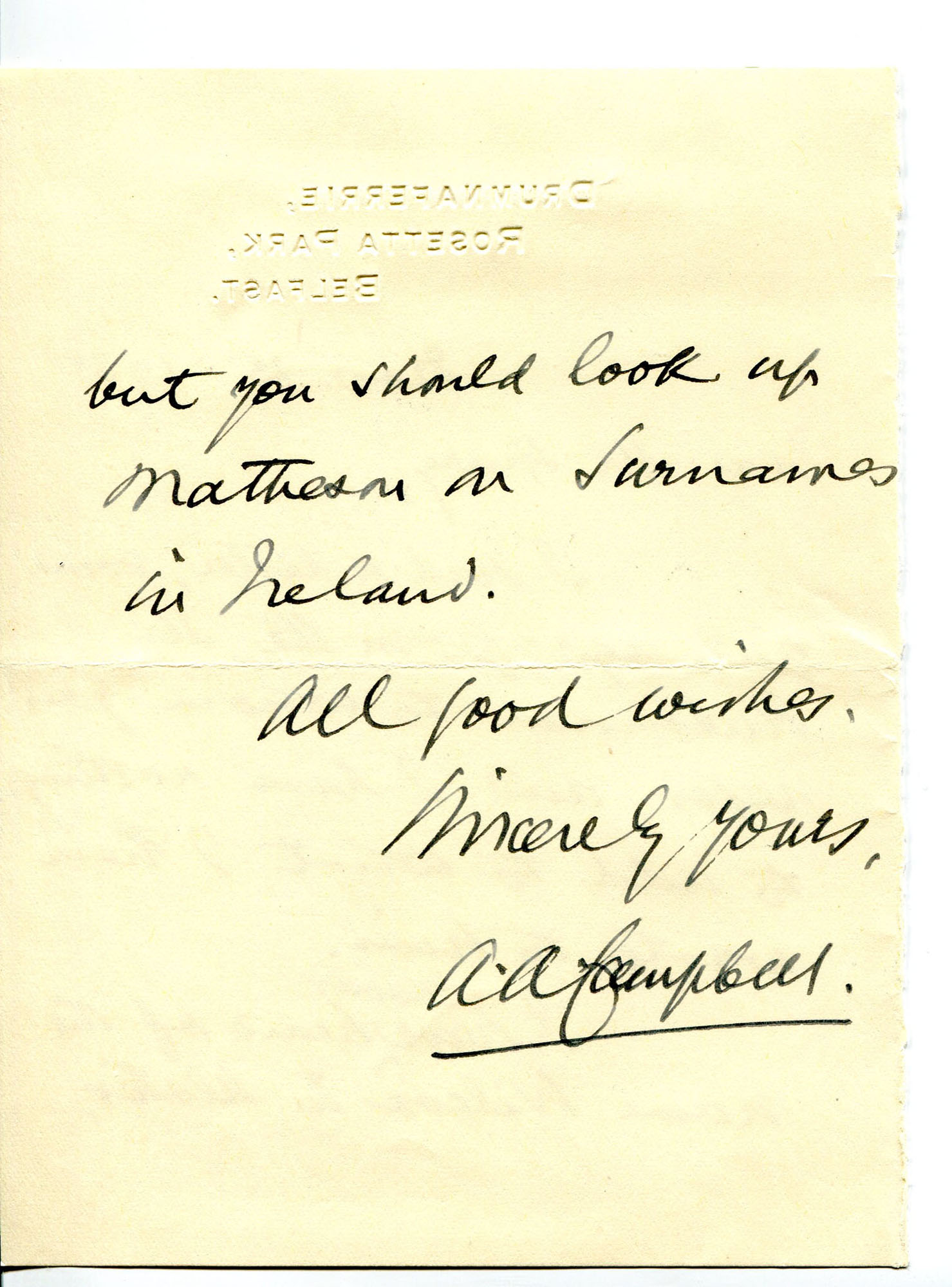 Handwritten brief letter in reply to enquiry from Sam. Refers to a Mr ...