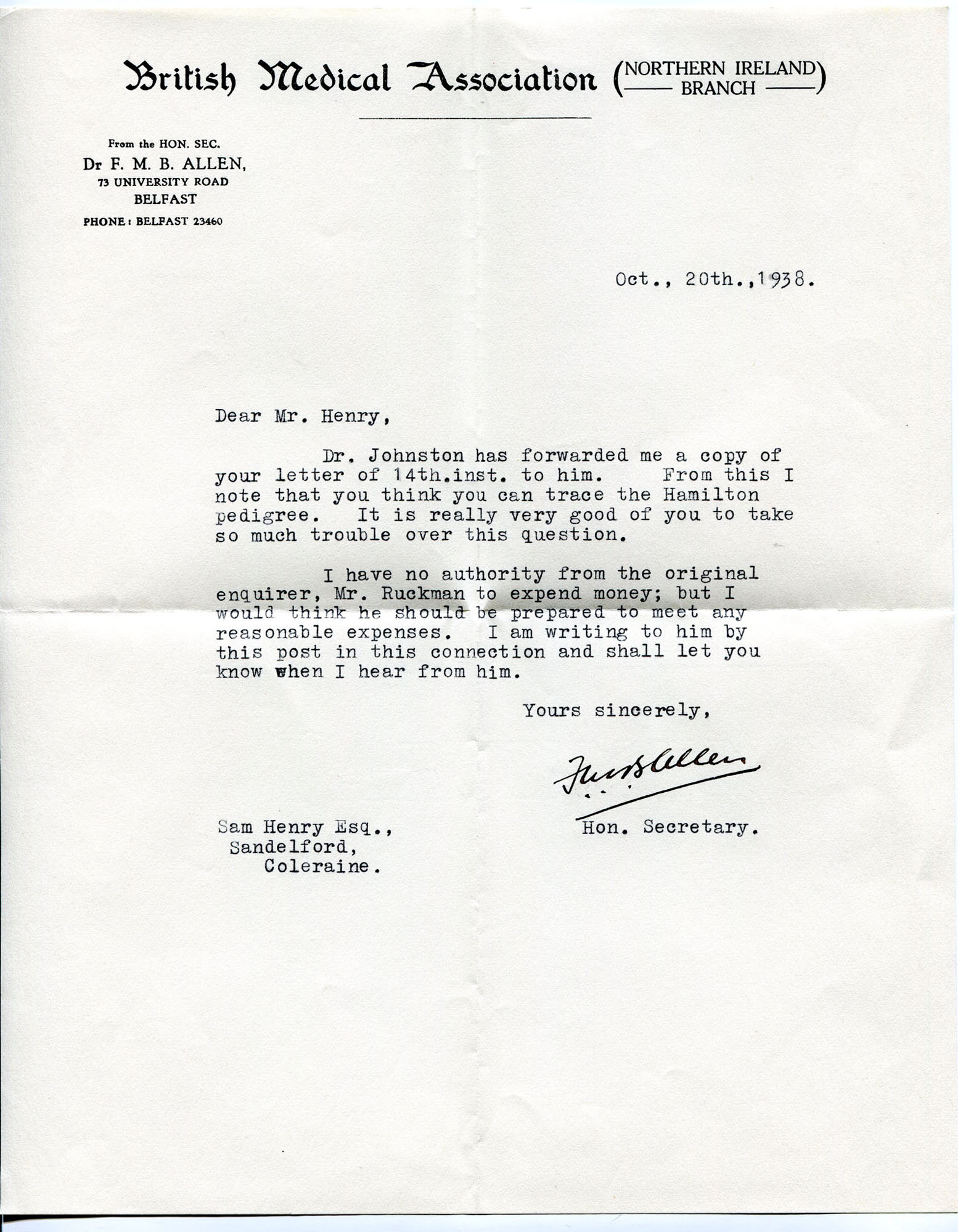 Typed letter on BMA headed notepaper. Update on research for Hamilton ...