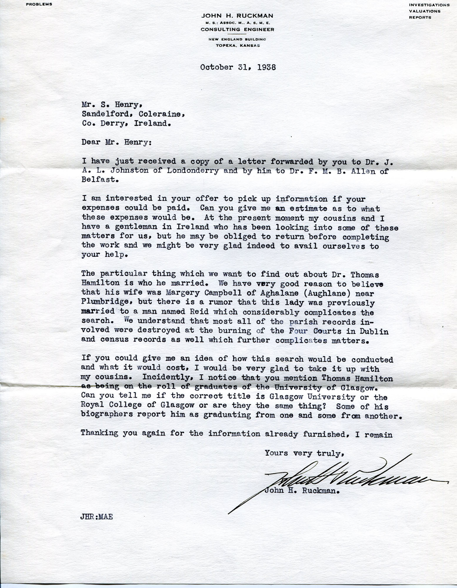 Typed letter on headed notepaper. From John Ruckman, expressing ...