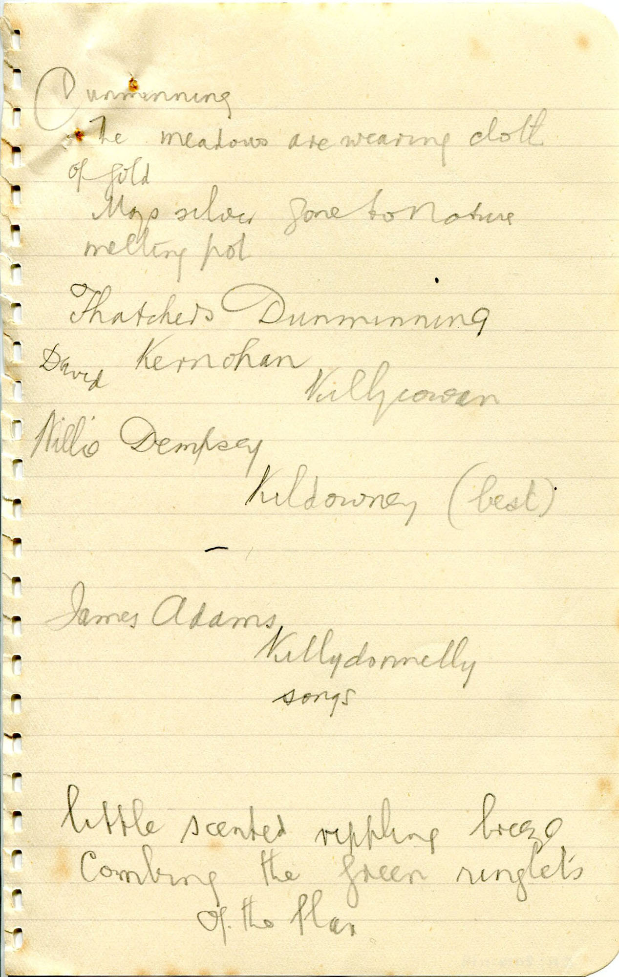 Handwritten rough notes – lines of poems, names, locations – no context ...