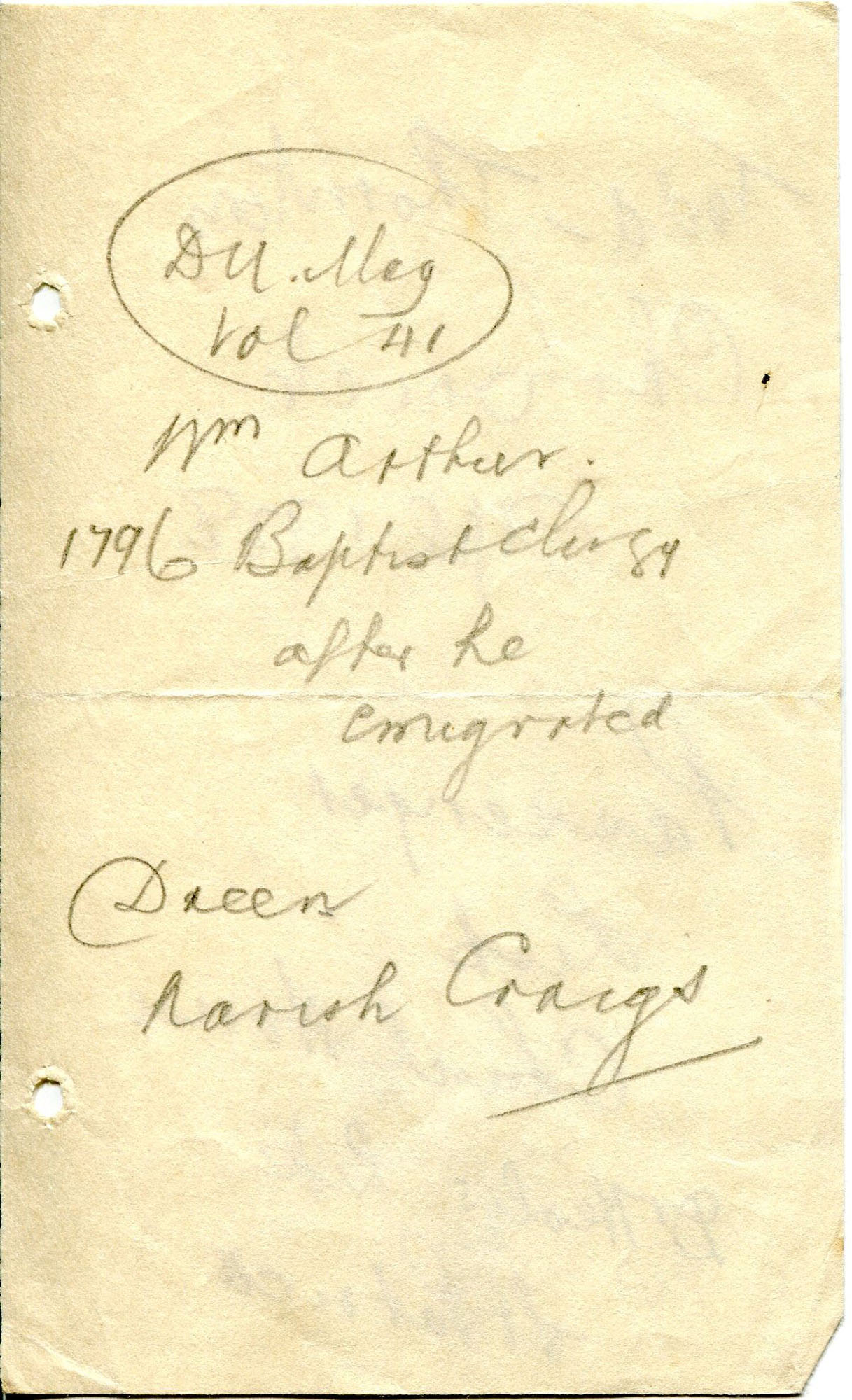 Small page of handwritten rough notes re Arthurs and passenger lists ...
