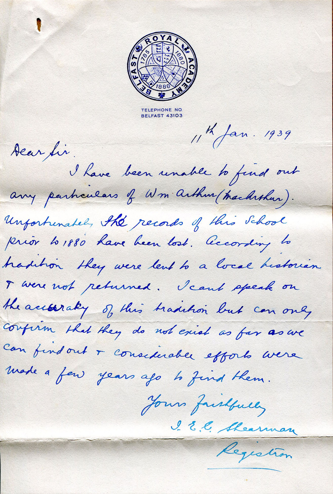 handwritten letter on crested notepaper of Belfast Royal Academy ...