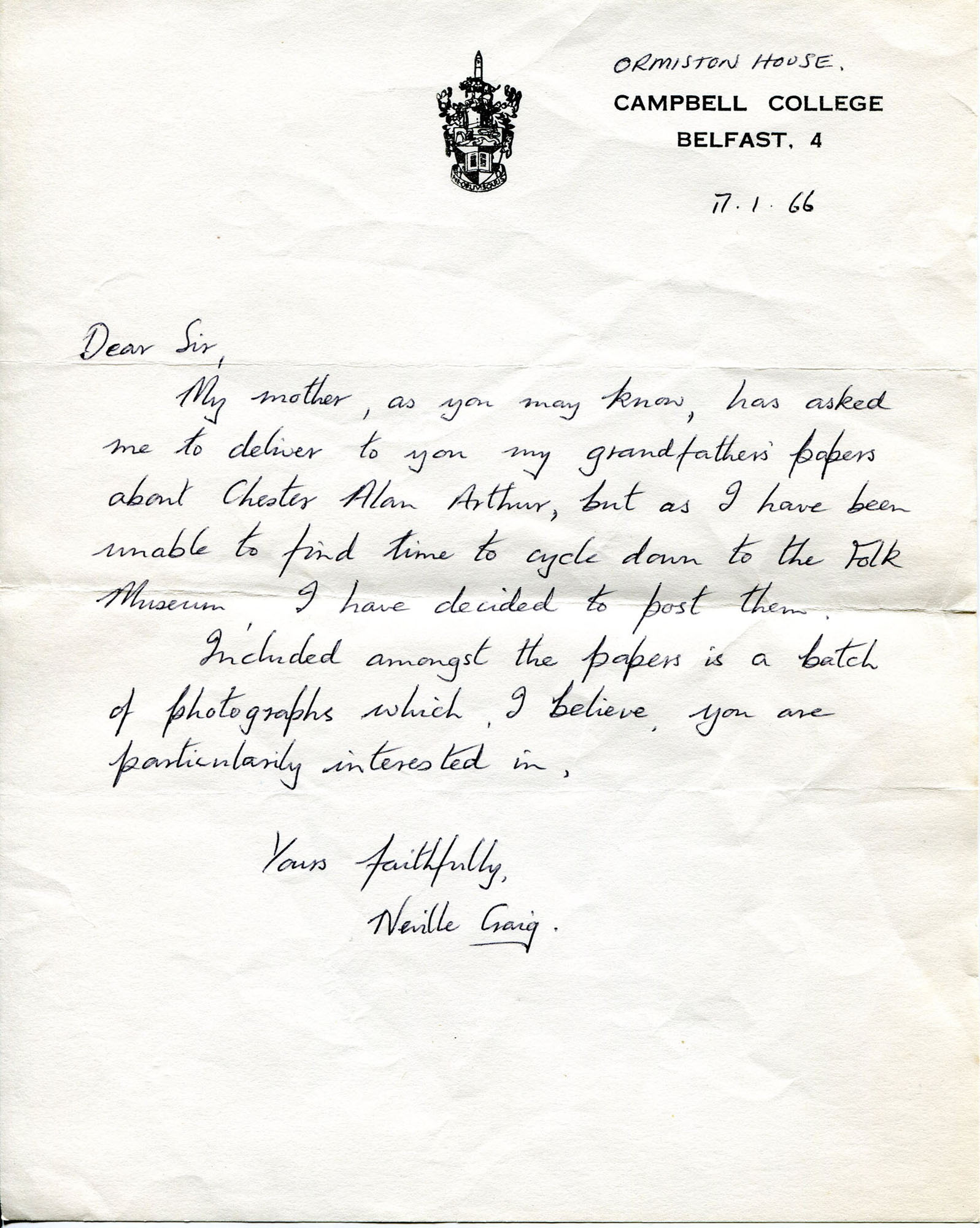 Handwritten letter on headed notepaper of Campbell College. From ...
