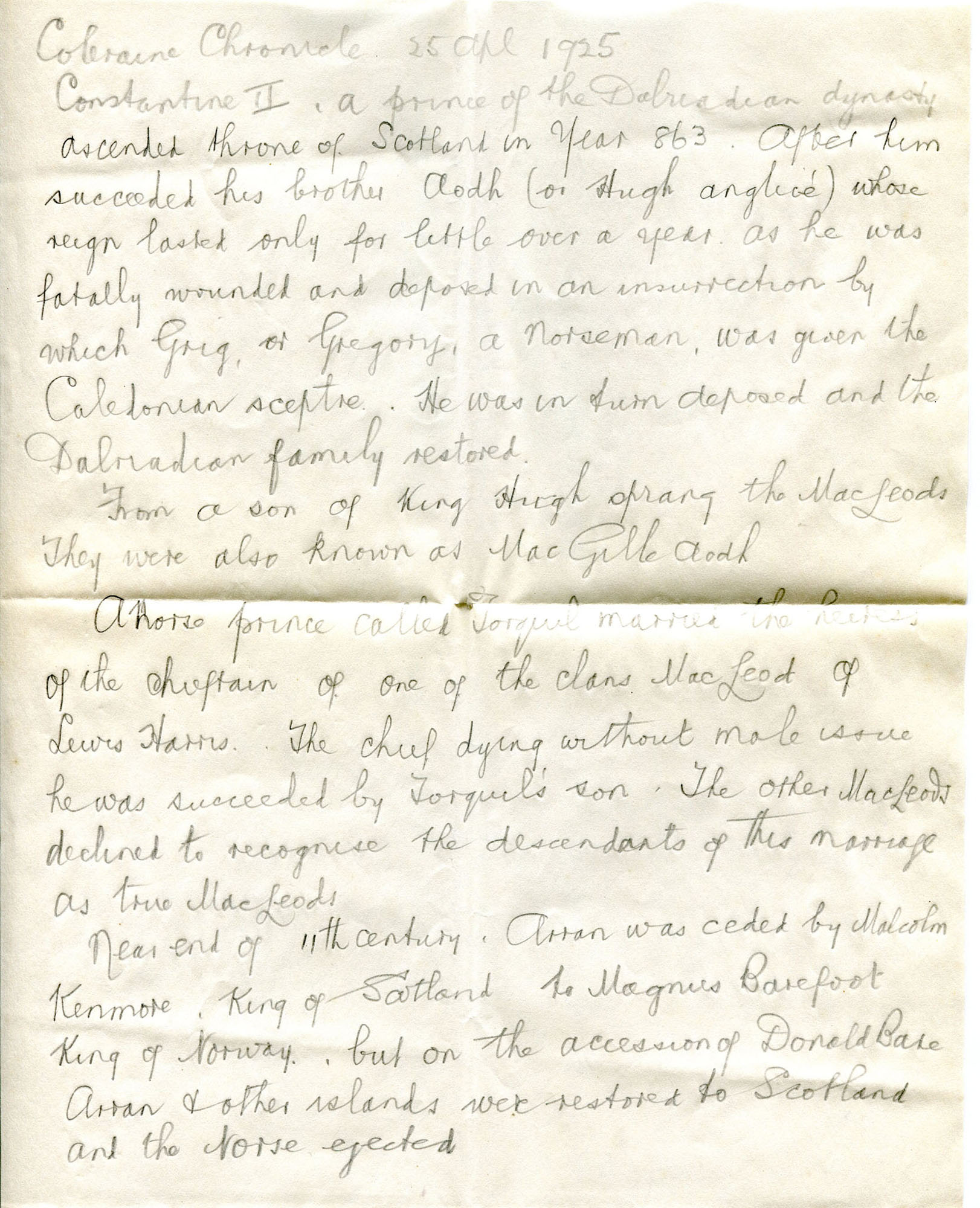 One of 3 handwritten pages of script. Relates to history from 9th ...