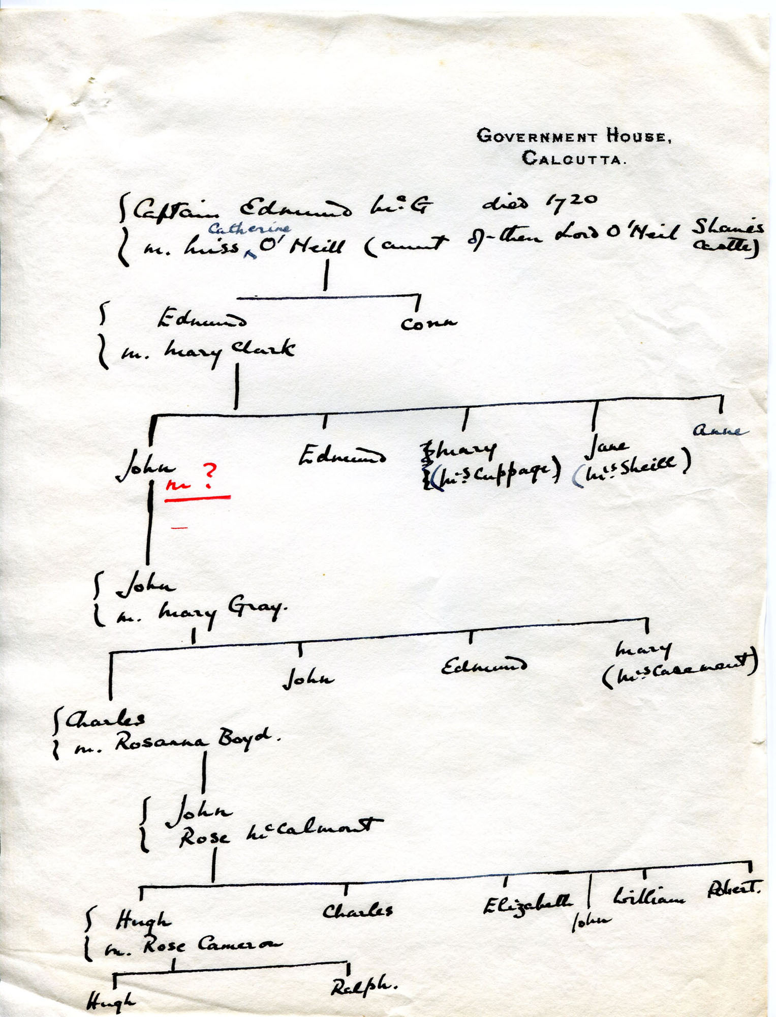 Handwritten family lineage of McGildowney family, on notepaper headed ...