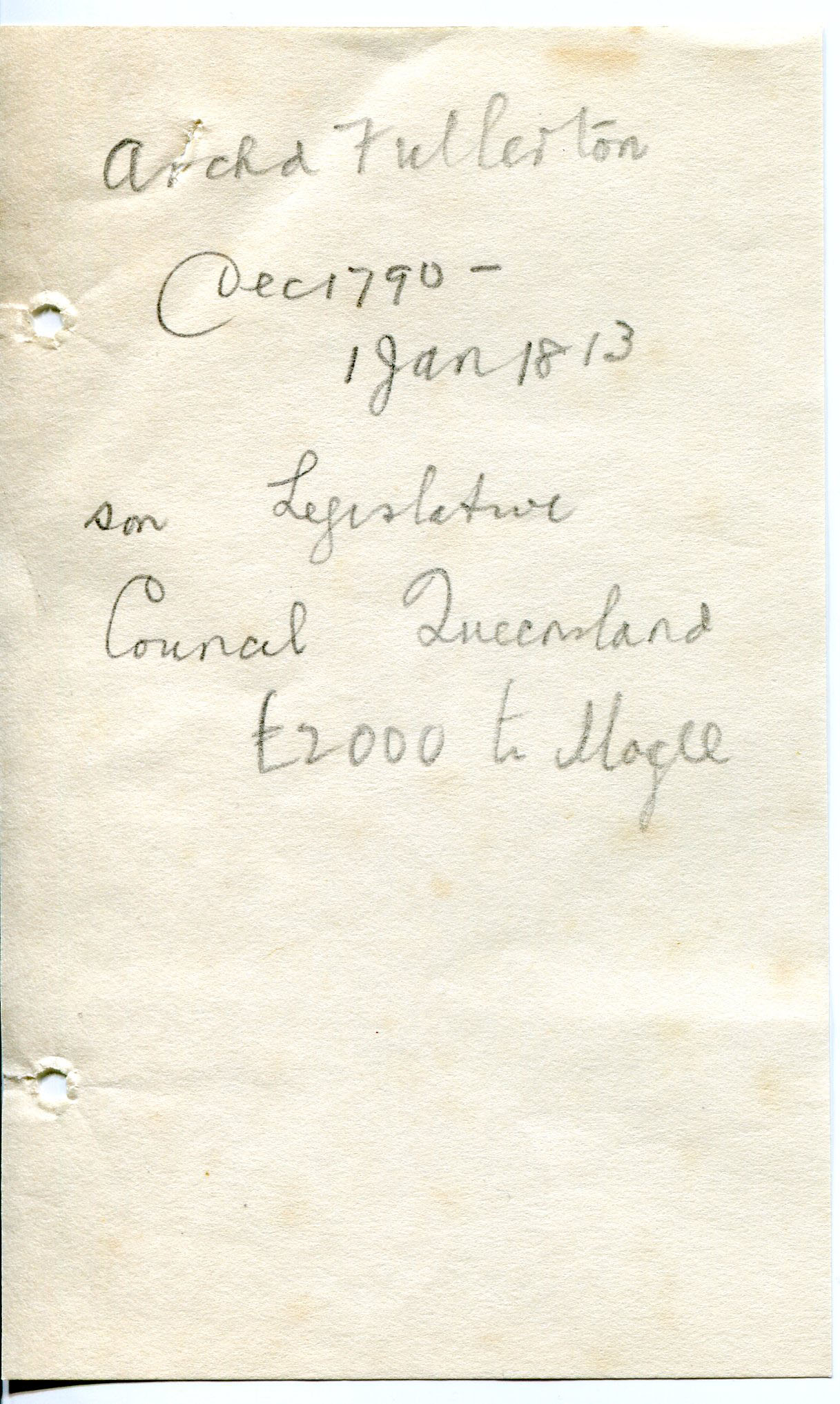 Handwritten rough brief notes re Fullerton in Australia who donated ...
