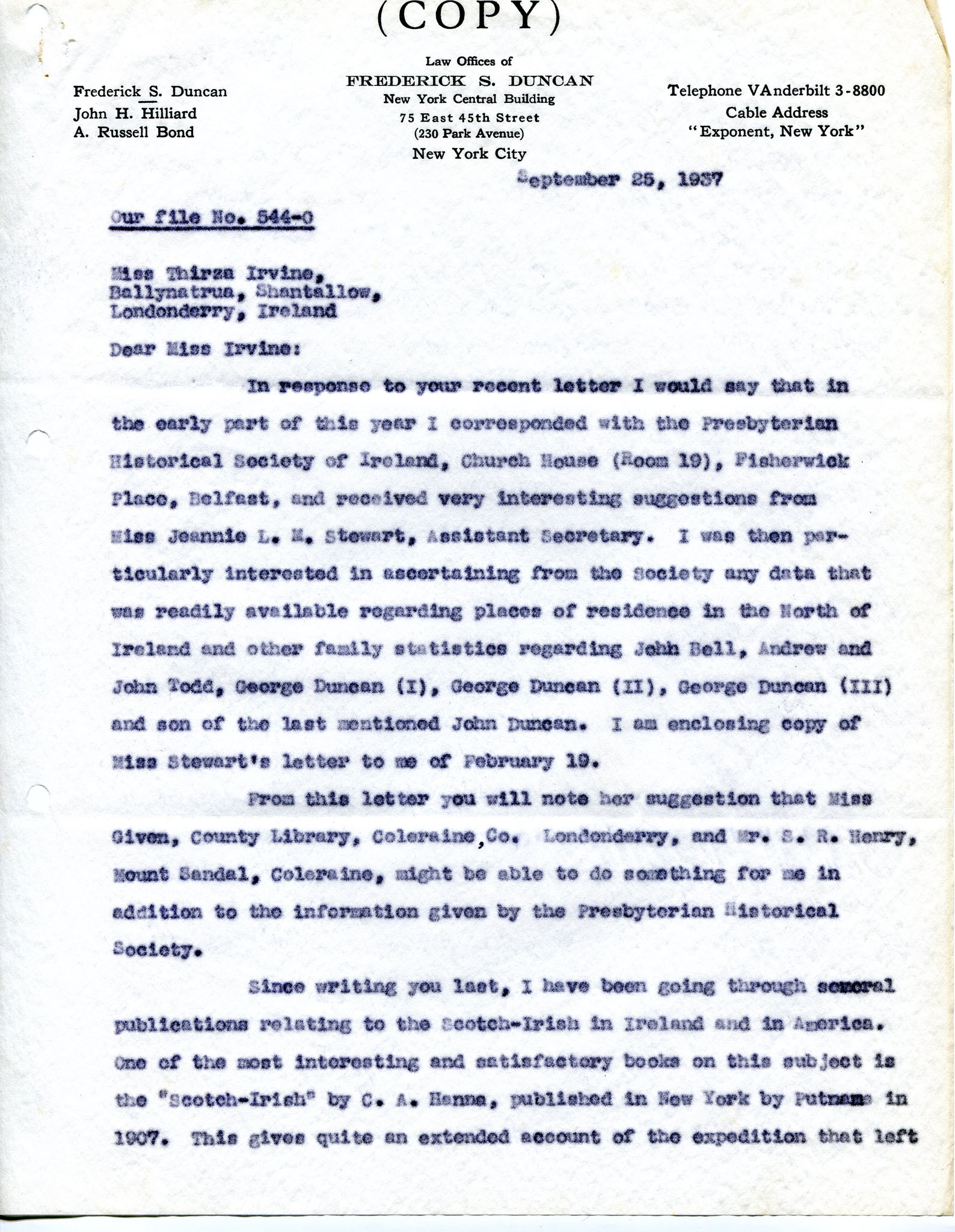 One of 3 pages of typed letter on headed notepaper. Copy sent to Sam of ...