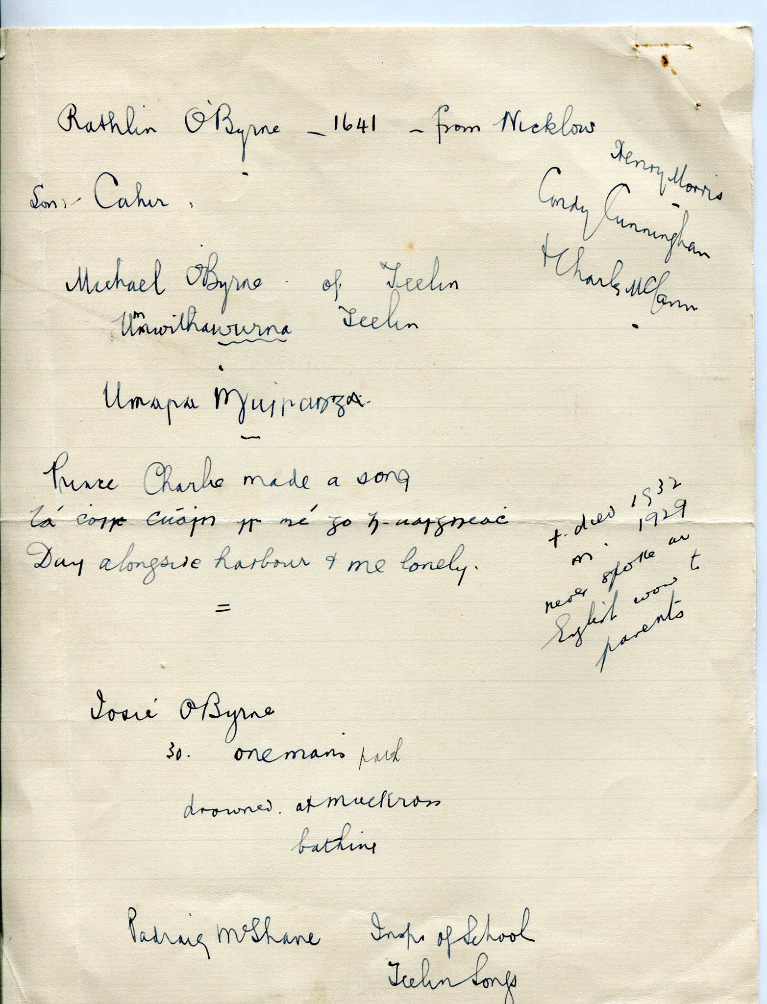 Handwritten rough notes re various. Mentions Rathlin and Teelin (near ...