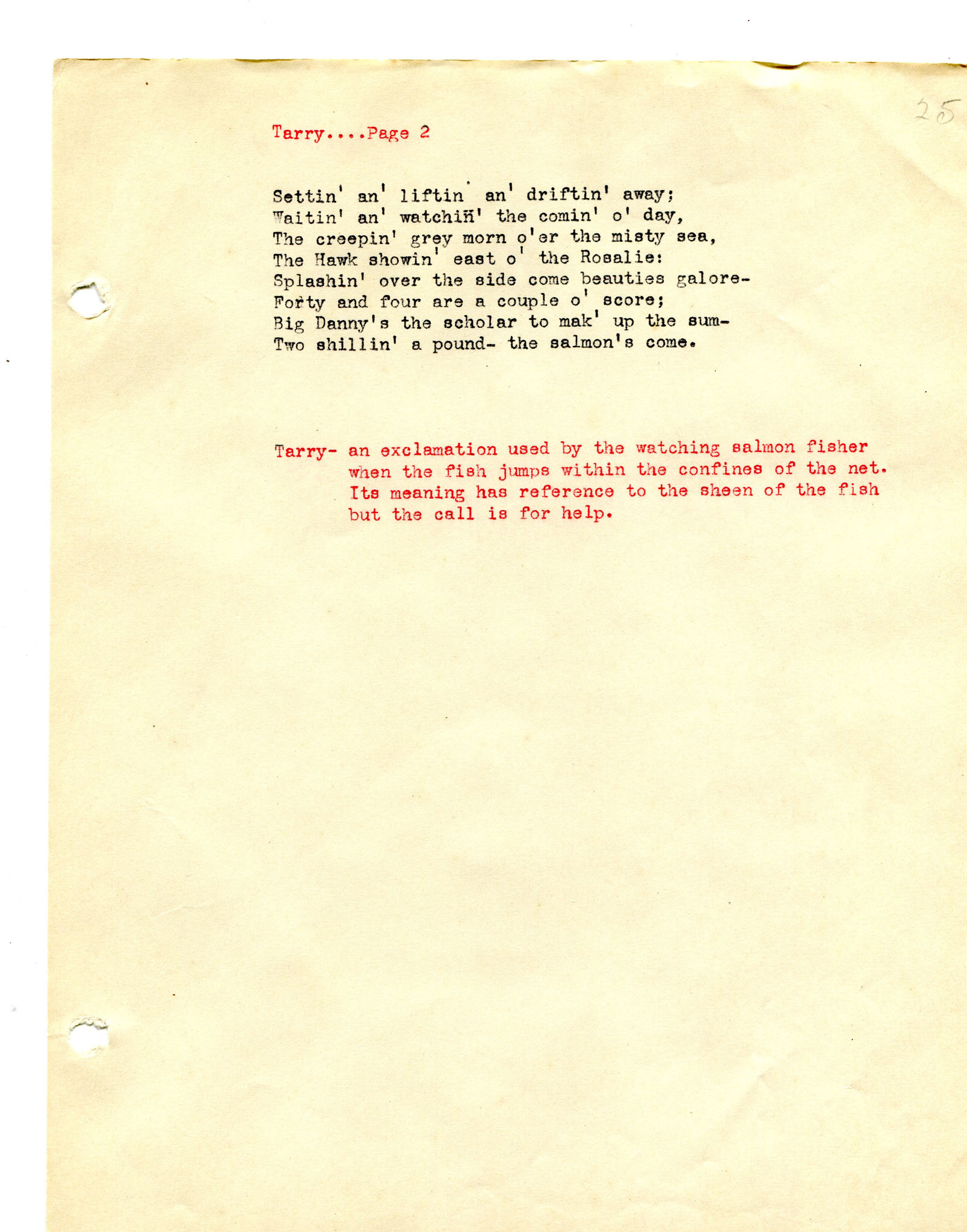 Typed page 2 of poem ‘Tarry’. Uses local dialect. Contains definition ...