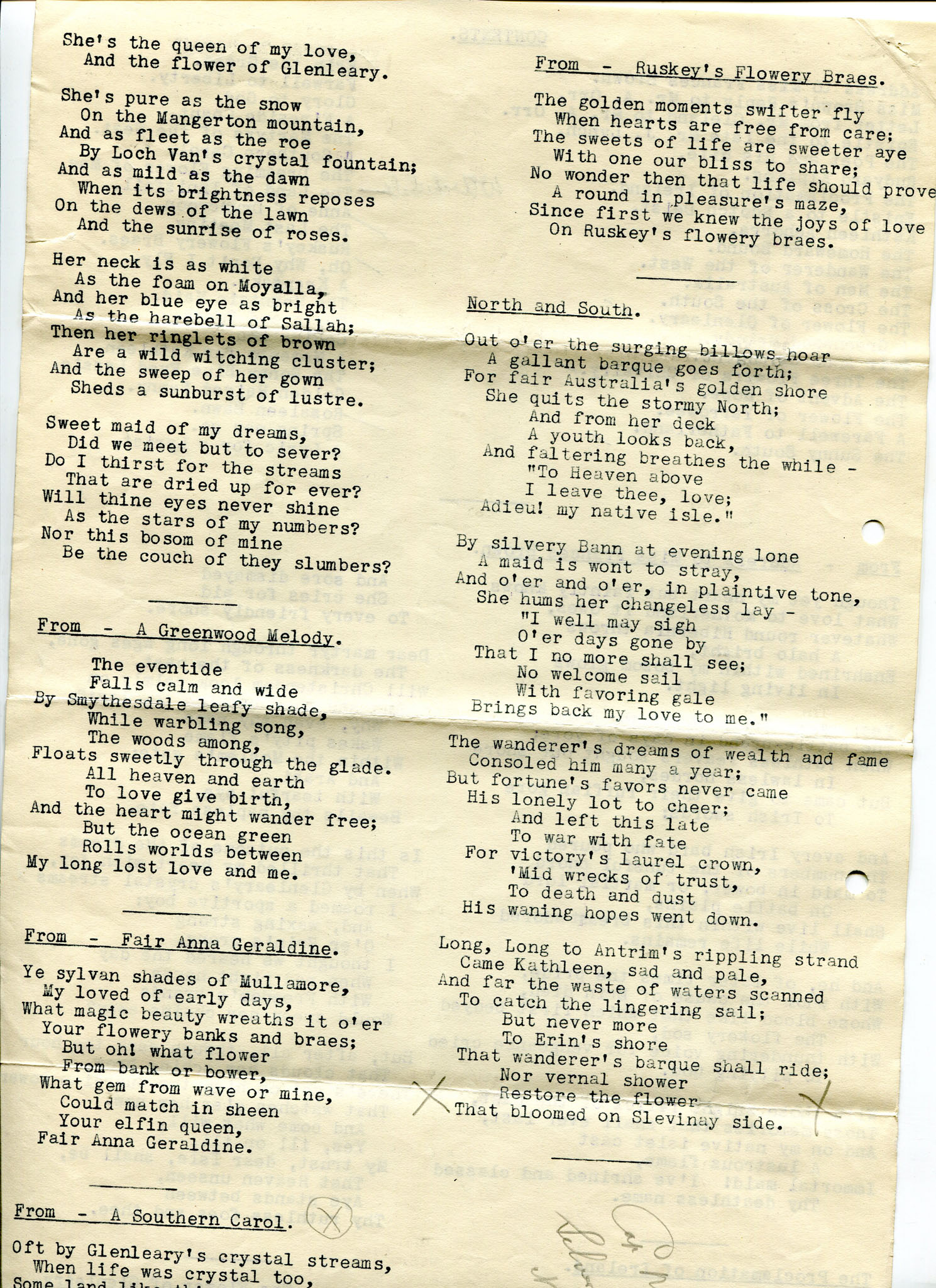 Typed double-sided page, containing contents list of poems and words to ...