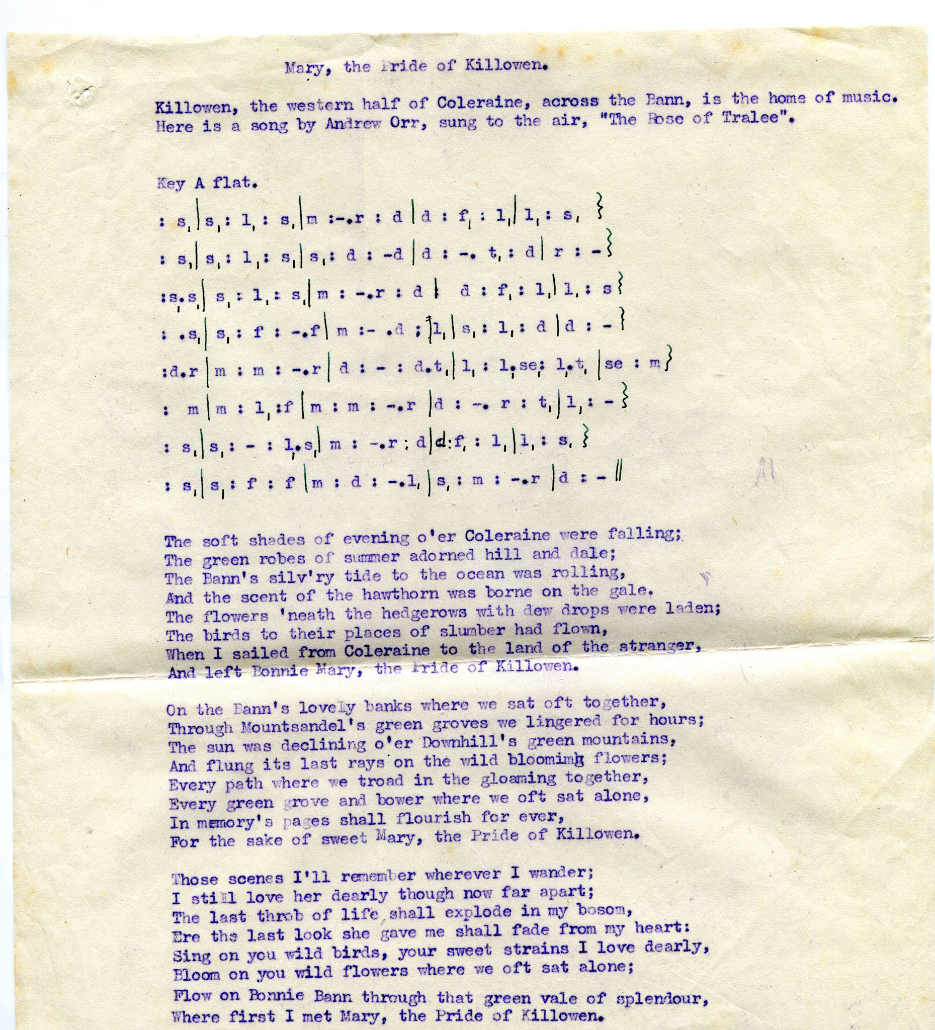 Typed tonic sol-fa notation and words to ‘Mary, the Pride of Killowen ...