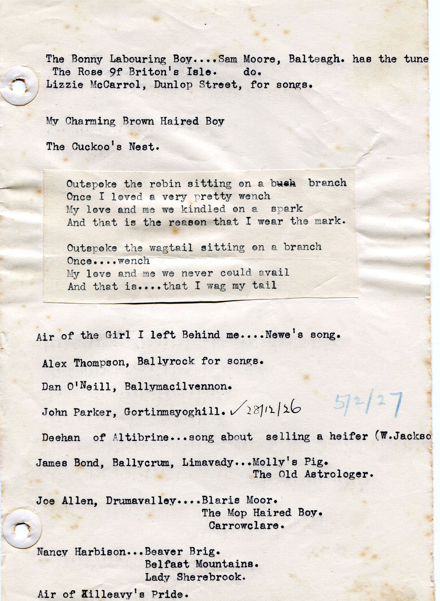 Typed page of song titles, names of people who have songs, their ...