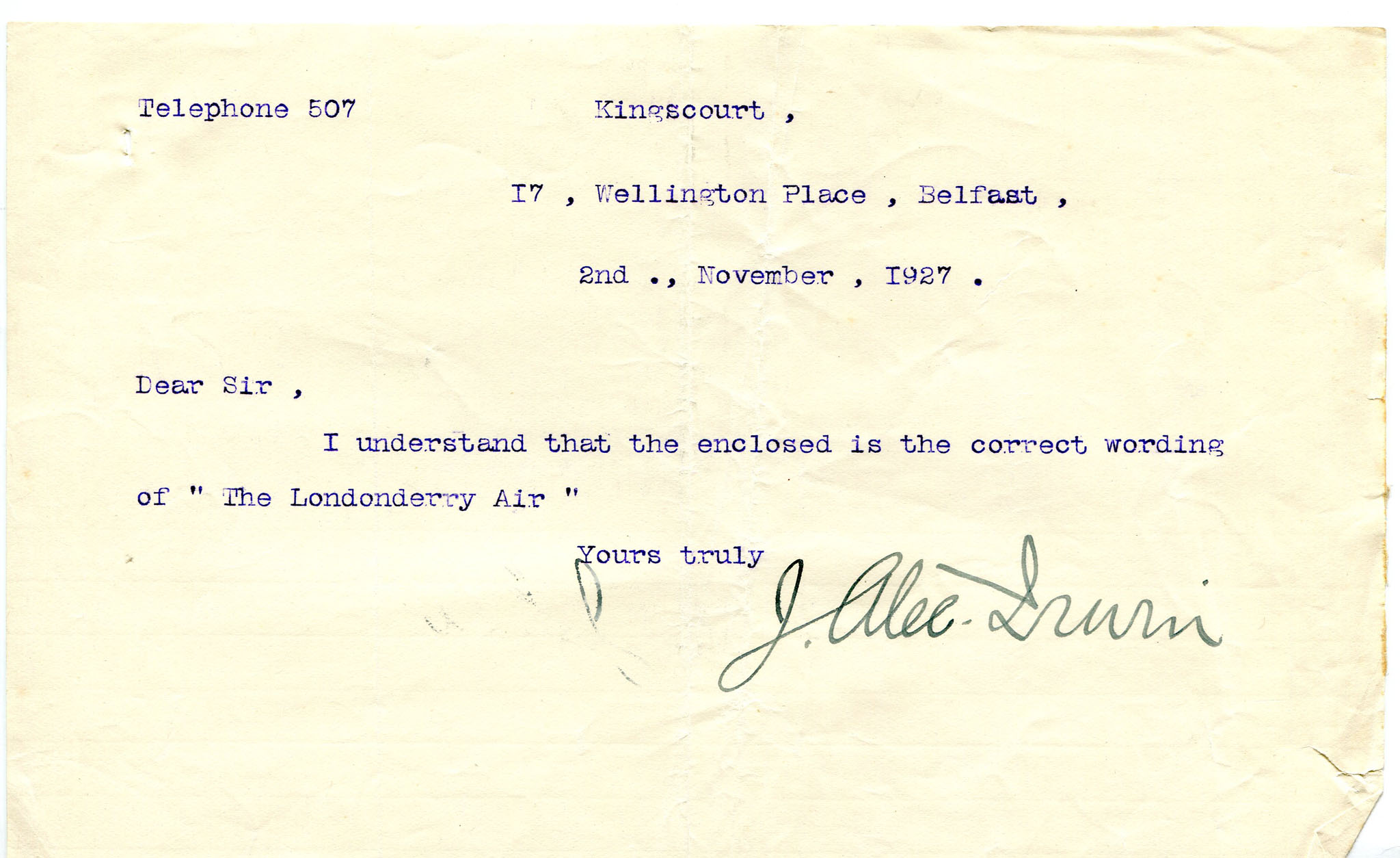 Short typed note re wording to ‘The Londonderry Air’ – NI Community ...