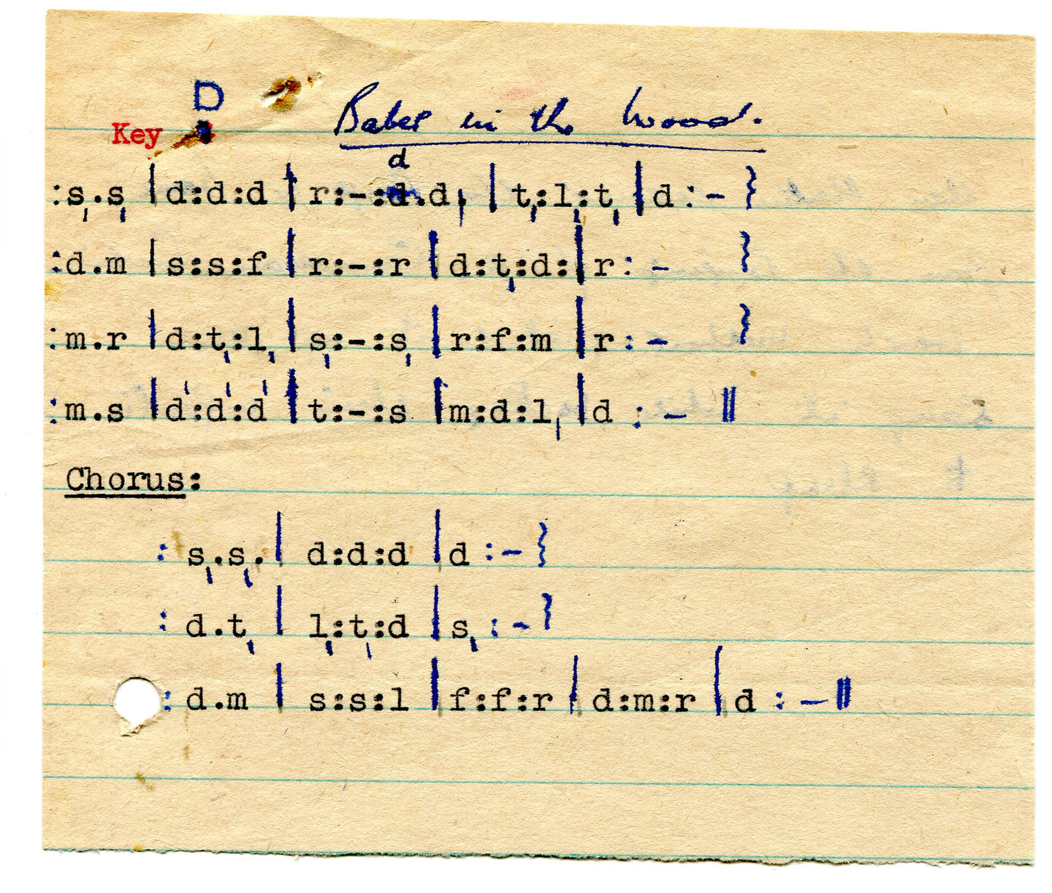 Typed tonic sol-fa notation to ‘Babes in the Woods’, with handwritten ...