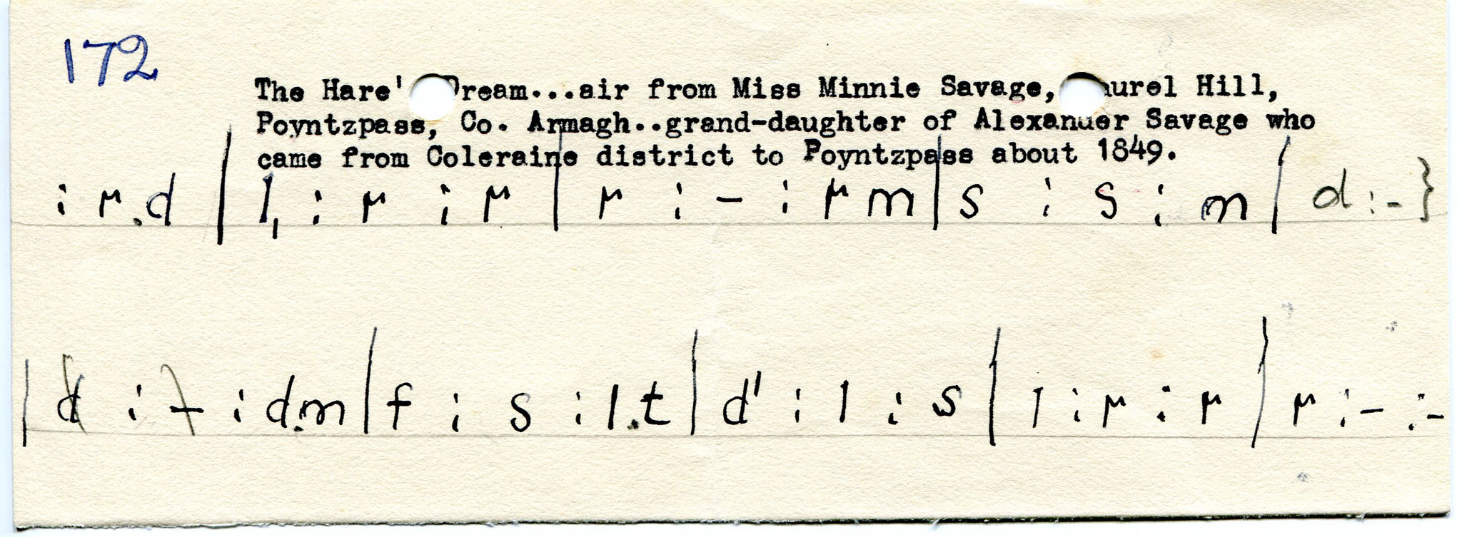 Typed notes and handwritten tonic sol-fa notation to ‘The Hare’s Dream ...