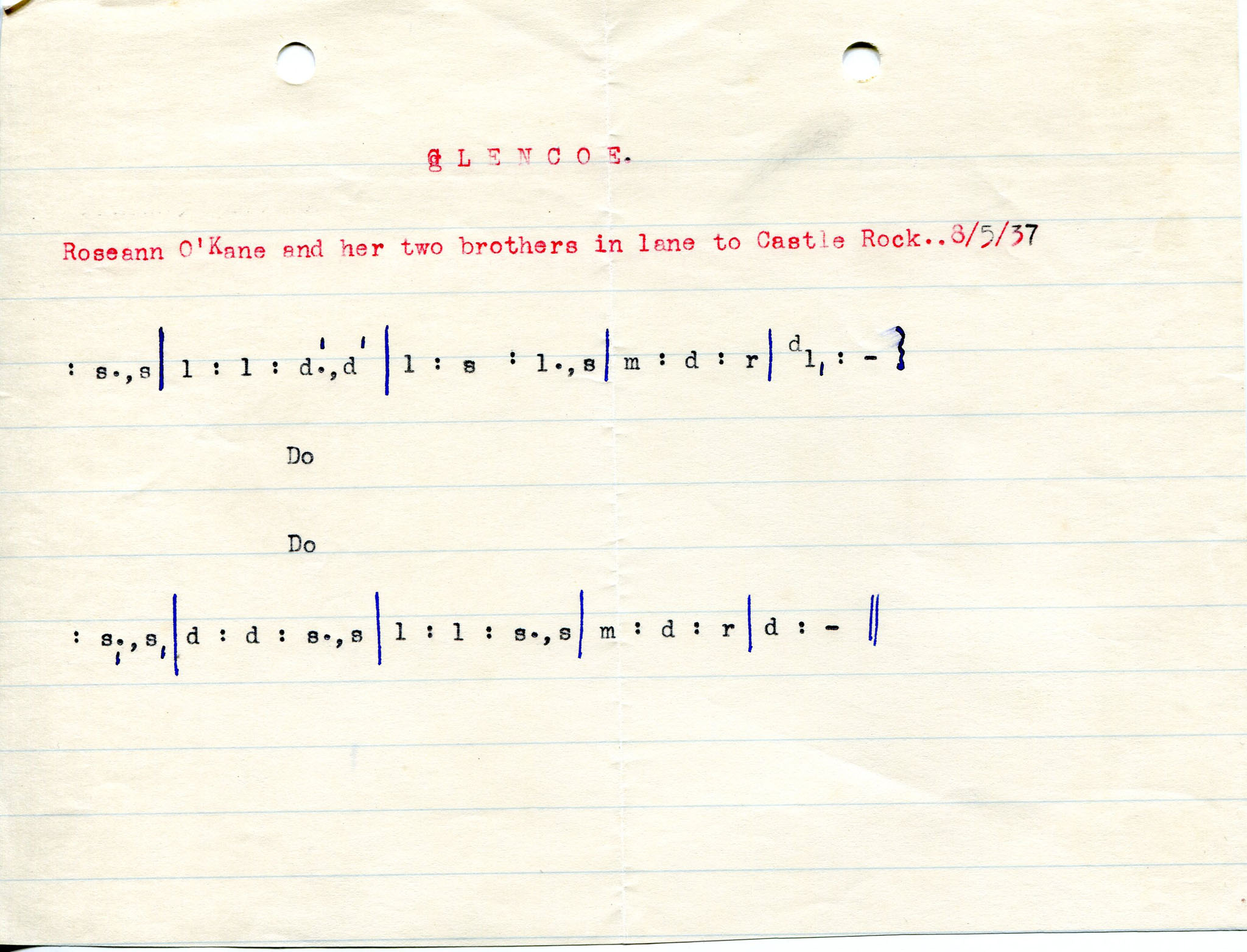 Typed tonic sol-fa notation to ‘Glencoe’. – NI Community Heritage Archive