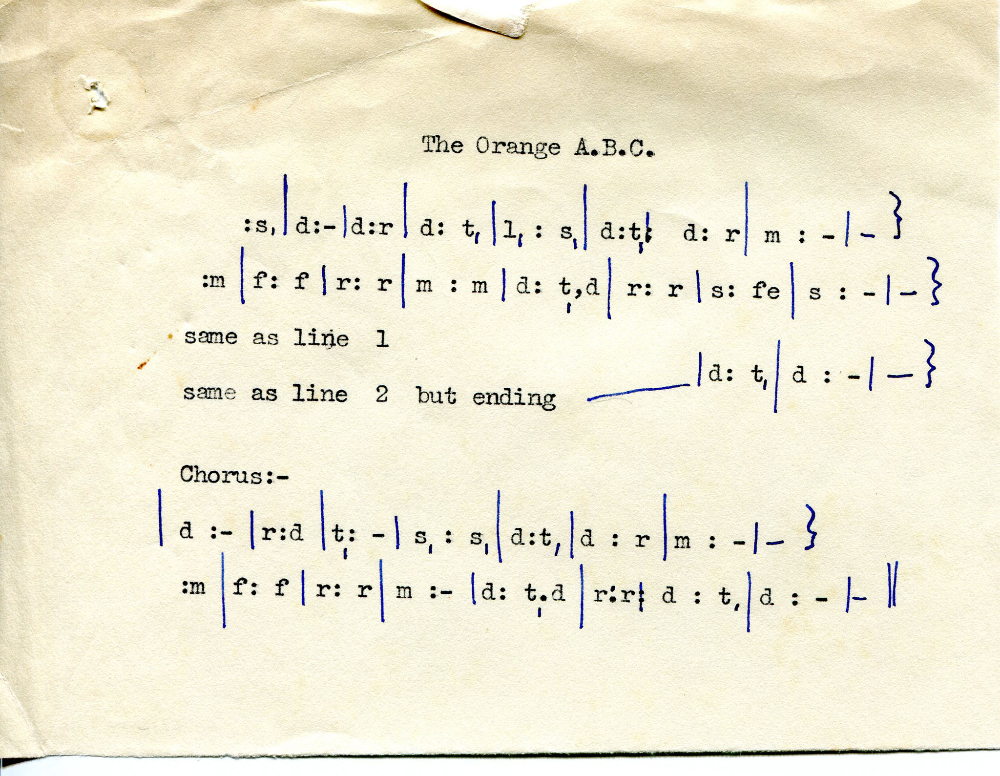 One of 2 pages with typed tonic sol-fa notation and words to ‘The ...
