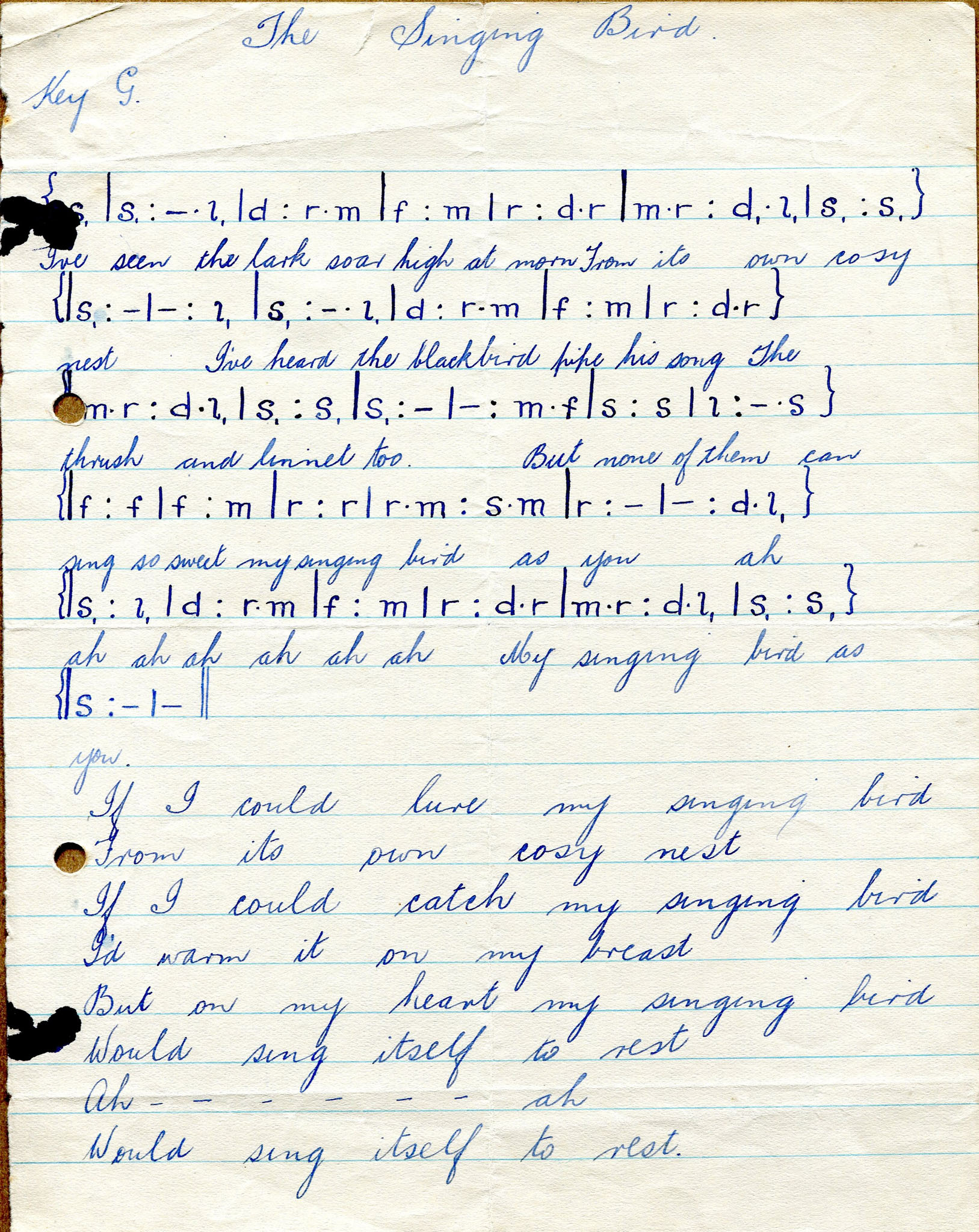 Handwritten words and tonic sol fa notation to ‘The Singing Bird’. – NI ...