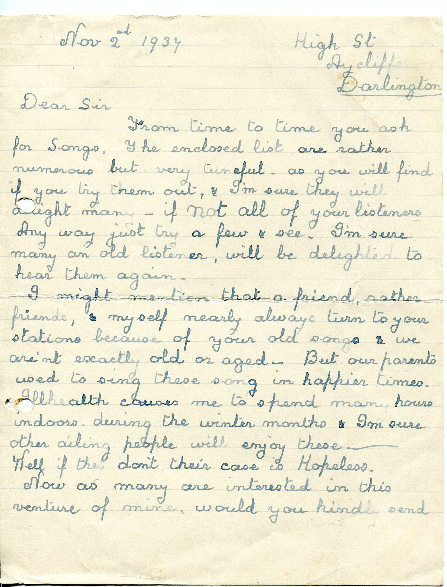 One of 3 pages of handwritten letter, with list of song titles and ...