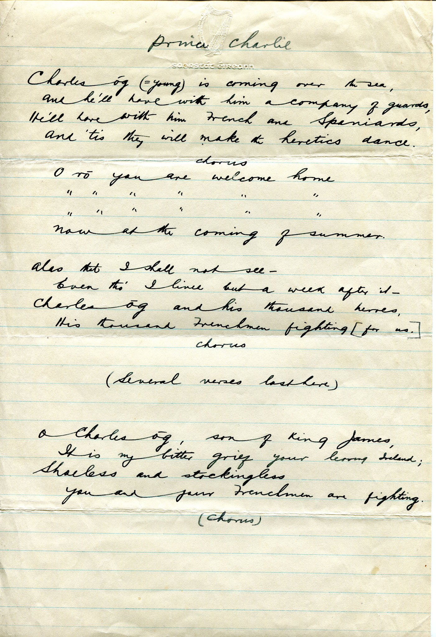 Handwritten words to ‘Prince Charlie, about Bonnie Prince Charlie ...