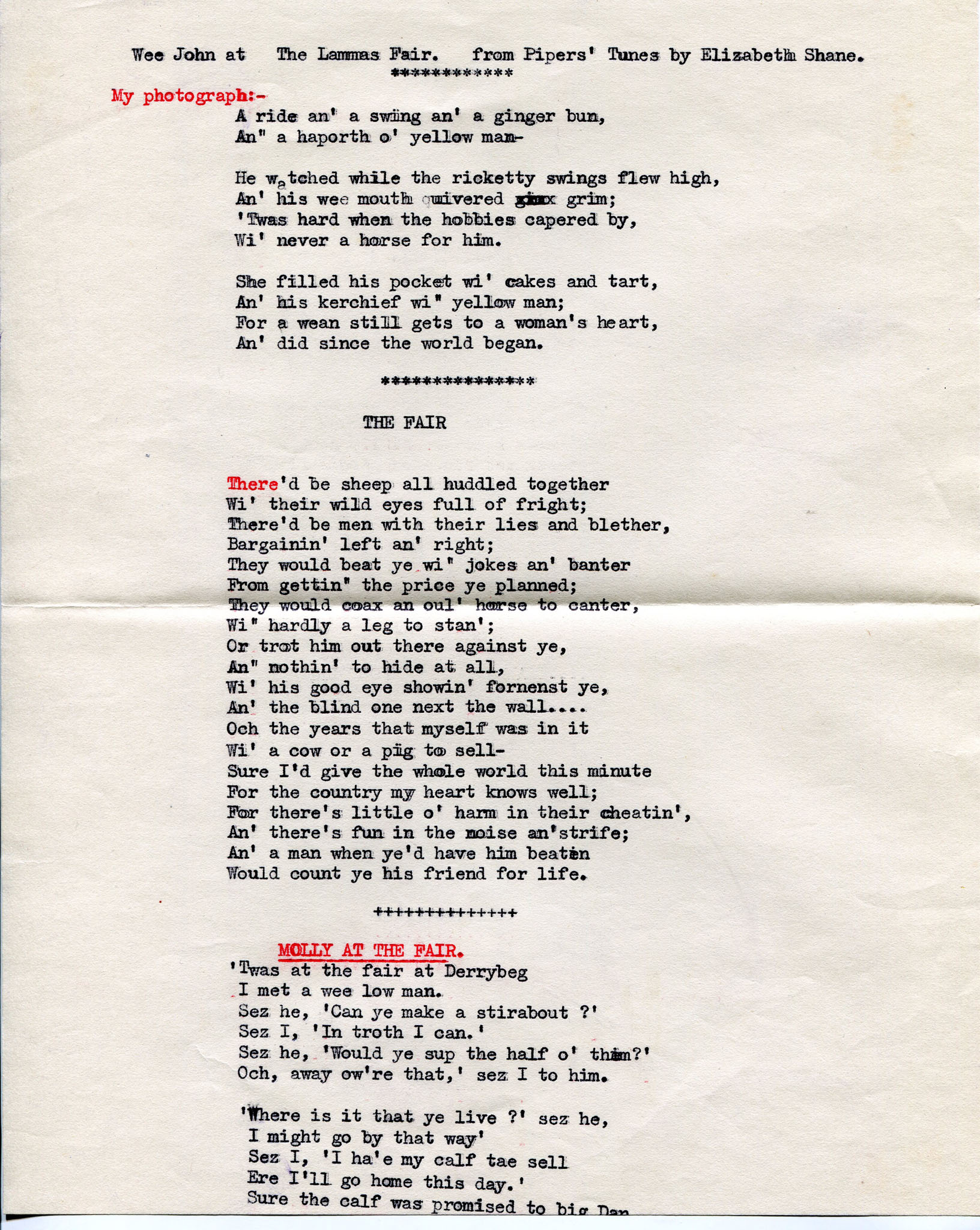 One of 2 typed pages with words to several poems about fairs – ‘Wee ...