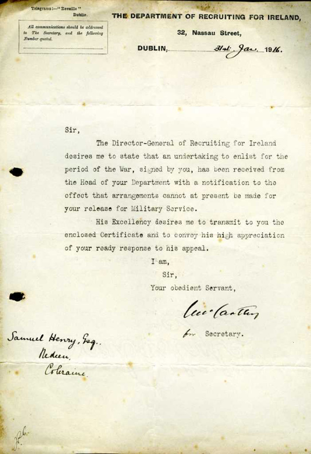 Sam Henry Enlistment Letter – NI Community Heritage Archive